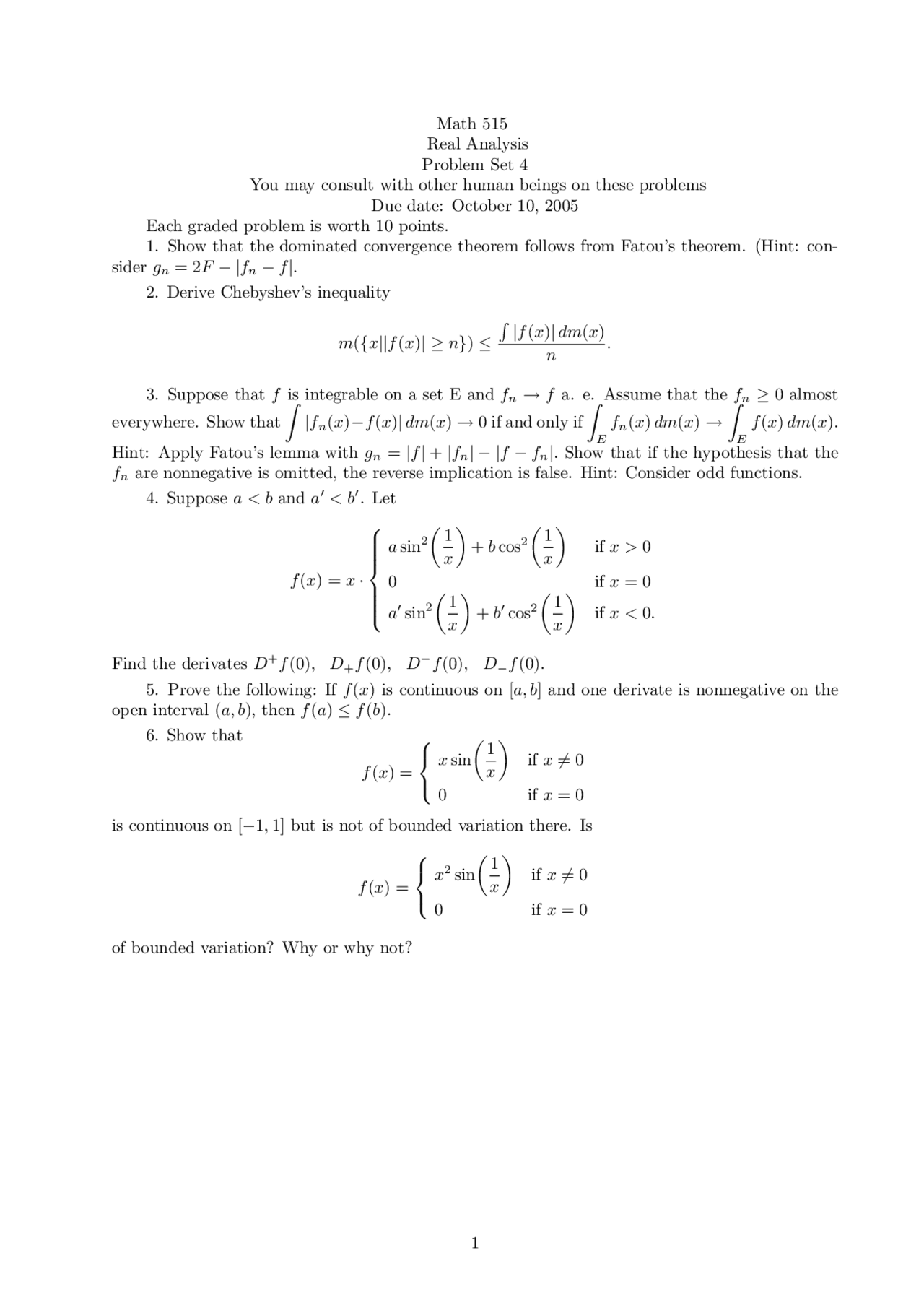 Assignment 4 Questions Real Analysis I Math 515 Docsity