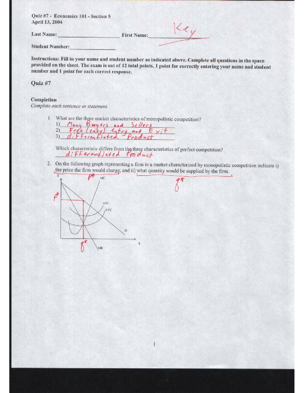 Quiz 7 With Answer Key Principles Of Microeconomics Econ 101 Docsity