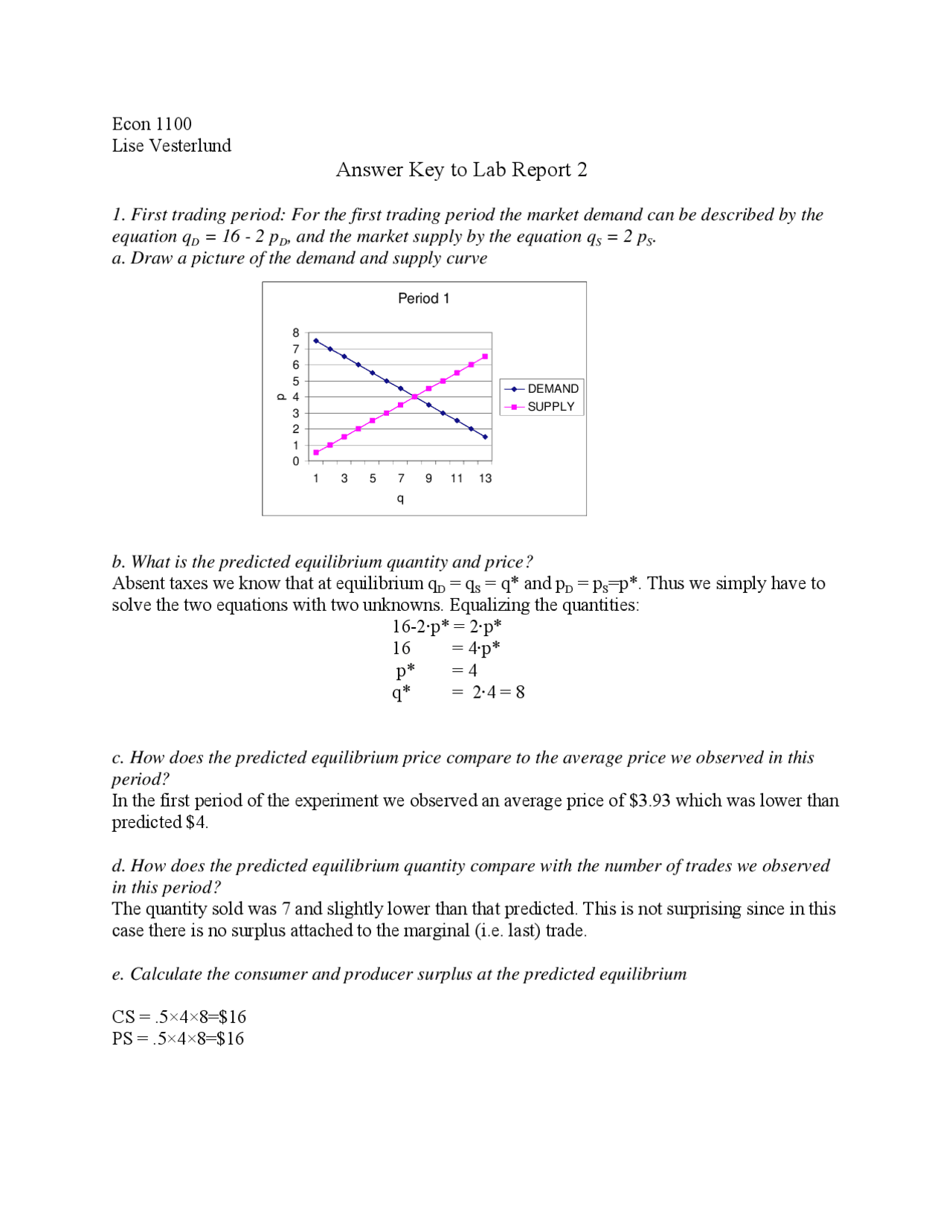 Lab 2 Solutions Intermediate Microeconomics Econ 1100 Docsity