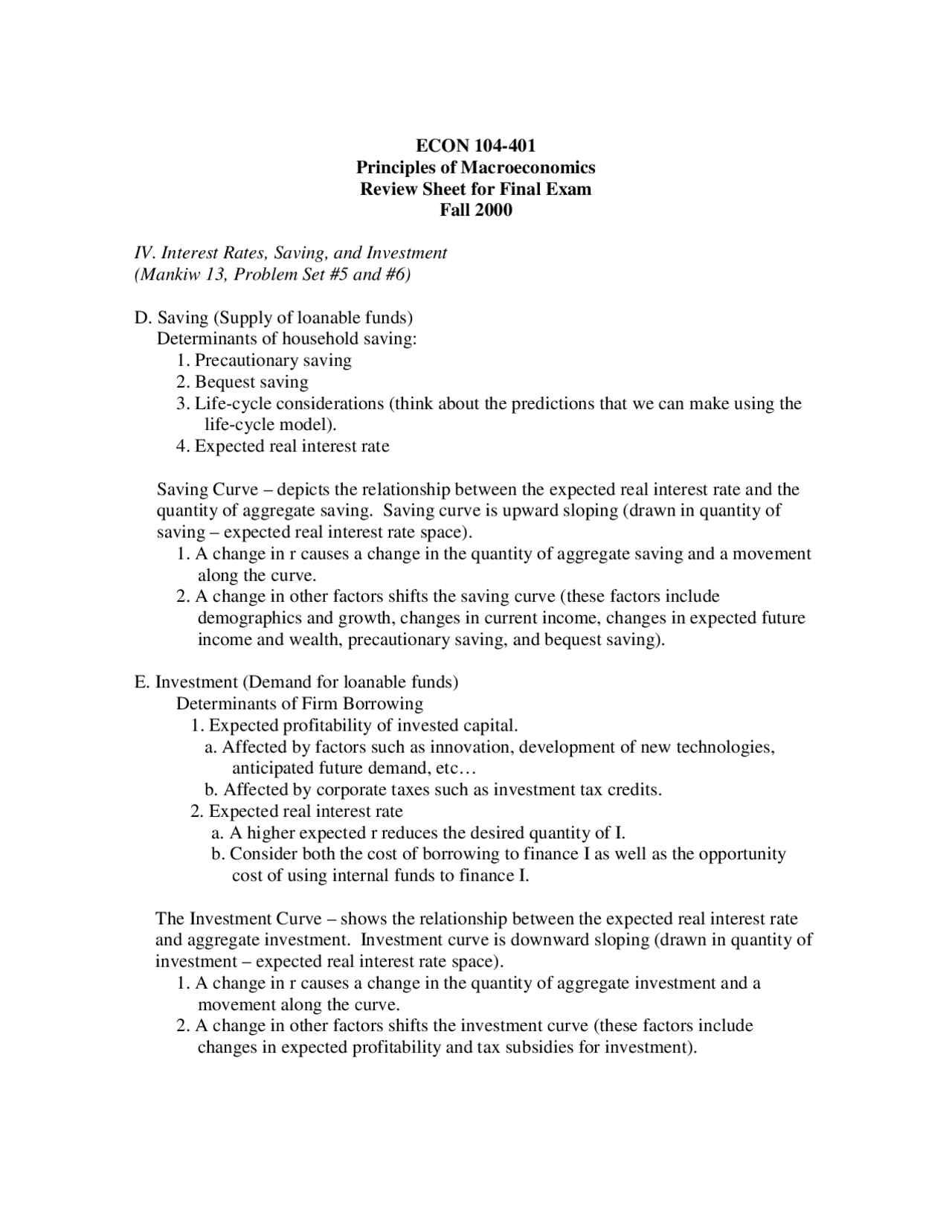 Review Sheet for Final Exam - Principles of Macroeconomics | ECON 104 ...