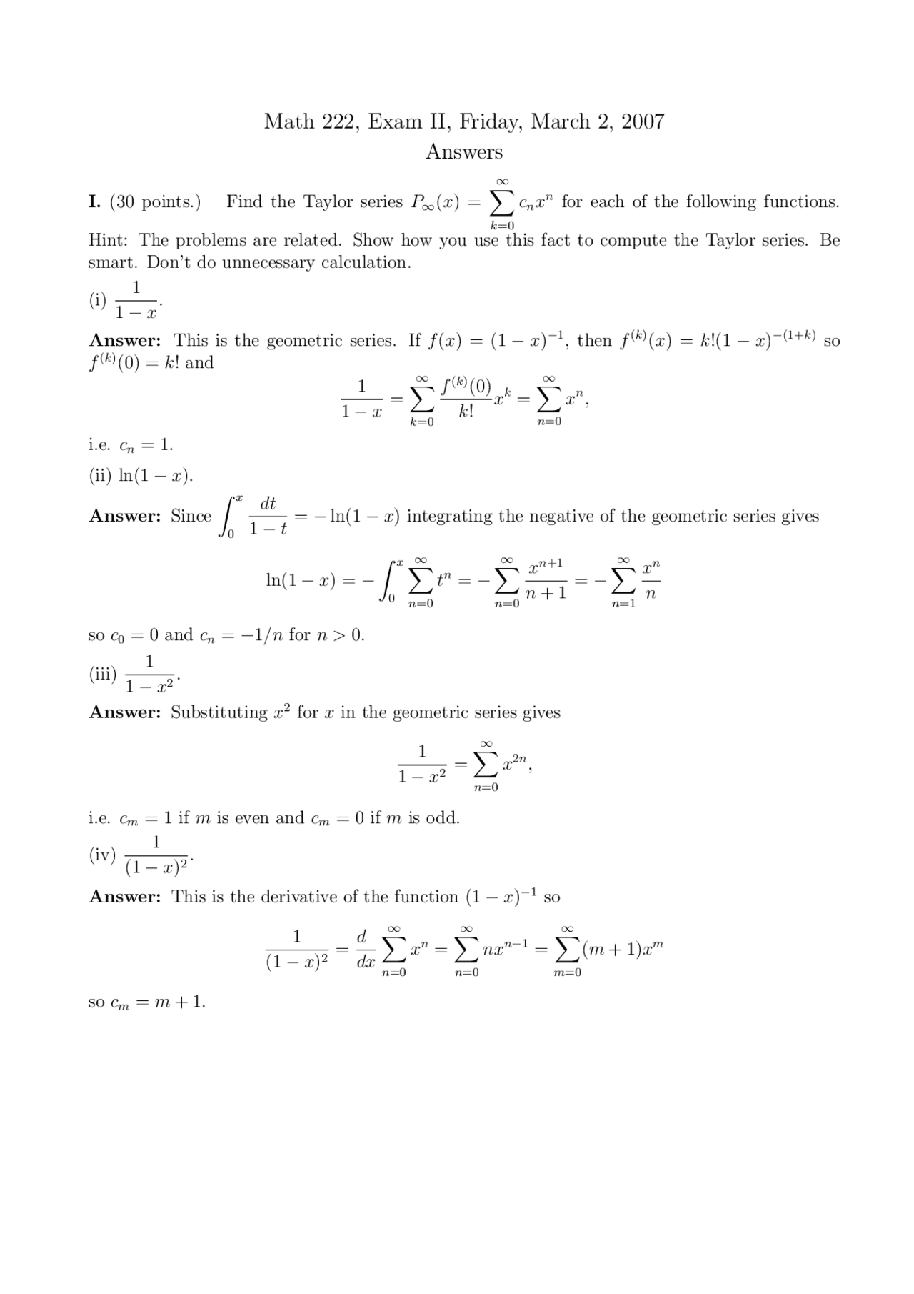 Exam Ii With Answers Calculus And Analytic Geometry Math 222 Docsity