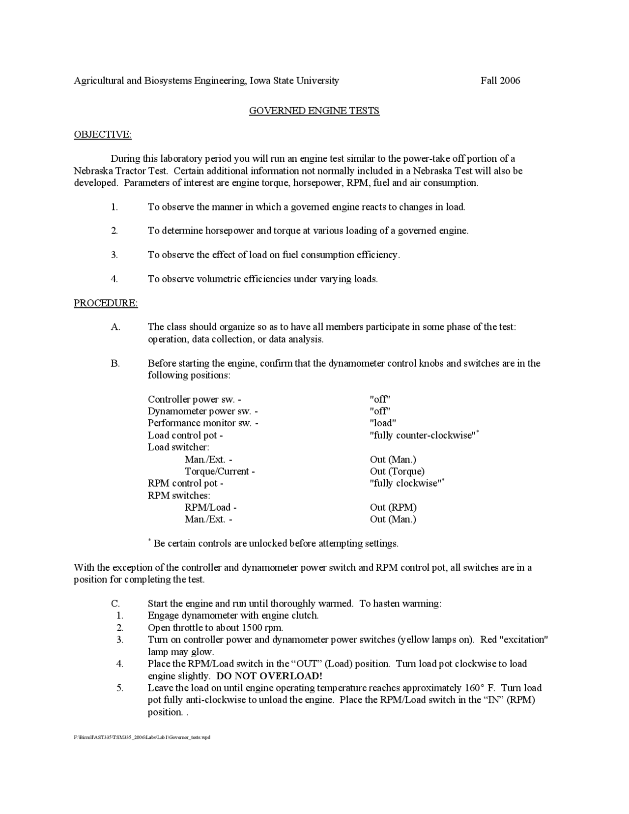 Laboratory 1 Governed Engine Tests Tractor Power Tsm 335 Docsity