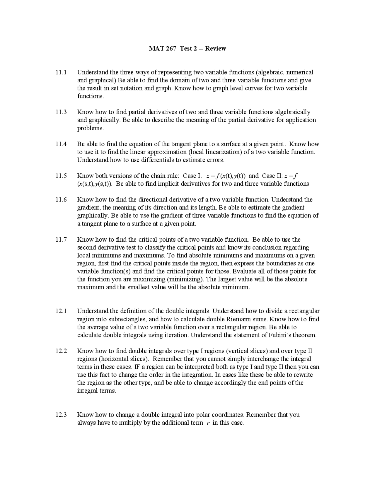 Test 2 Review Sheet Calculus For Engineers Iii Mat 267 Docsity
