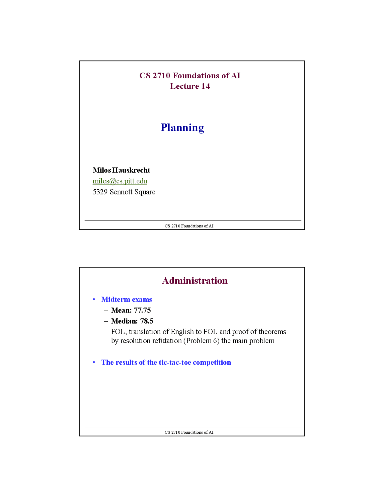 Planning Foundations Of Artificial Intelligence Lecture Slides Cs