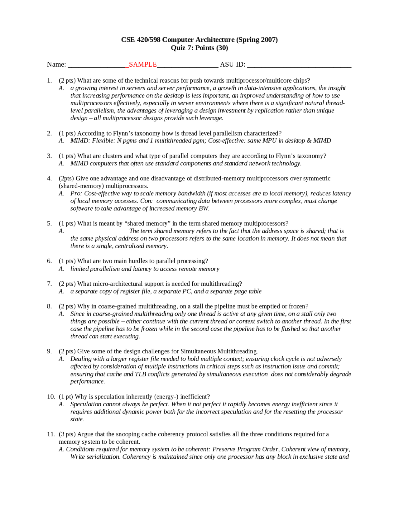 Quiz 7 14 Questions For Answer Computer Architecture I Cse 420