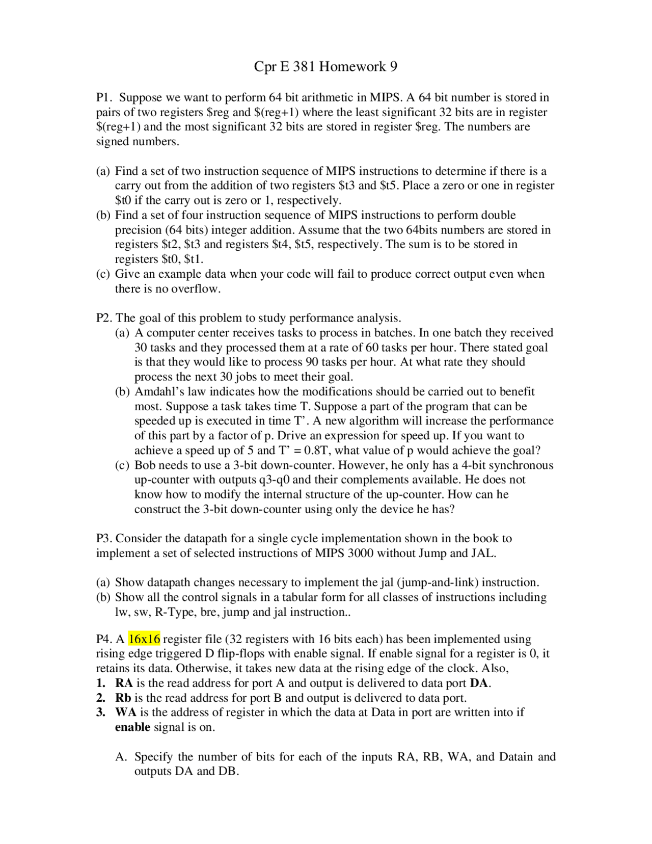 Practice Problems For Computer Organization And Assembly Cpr E 381