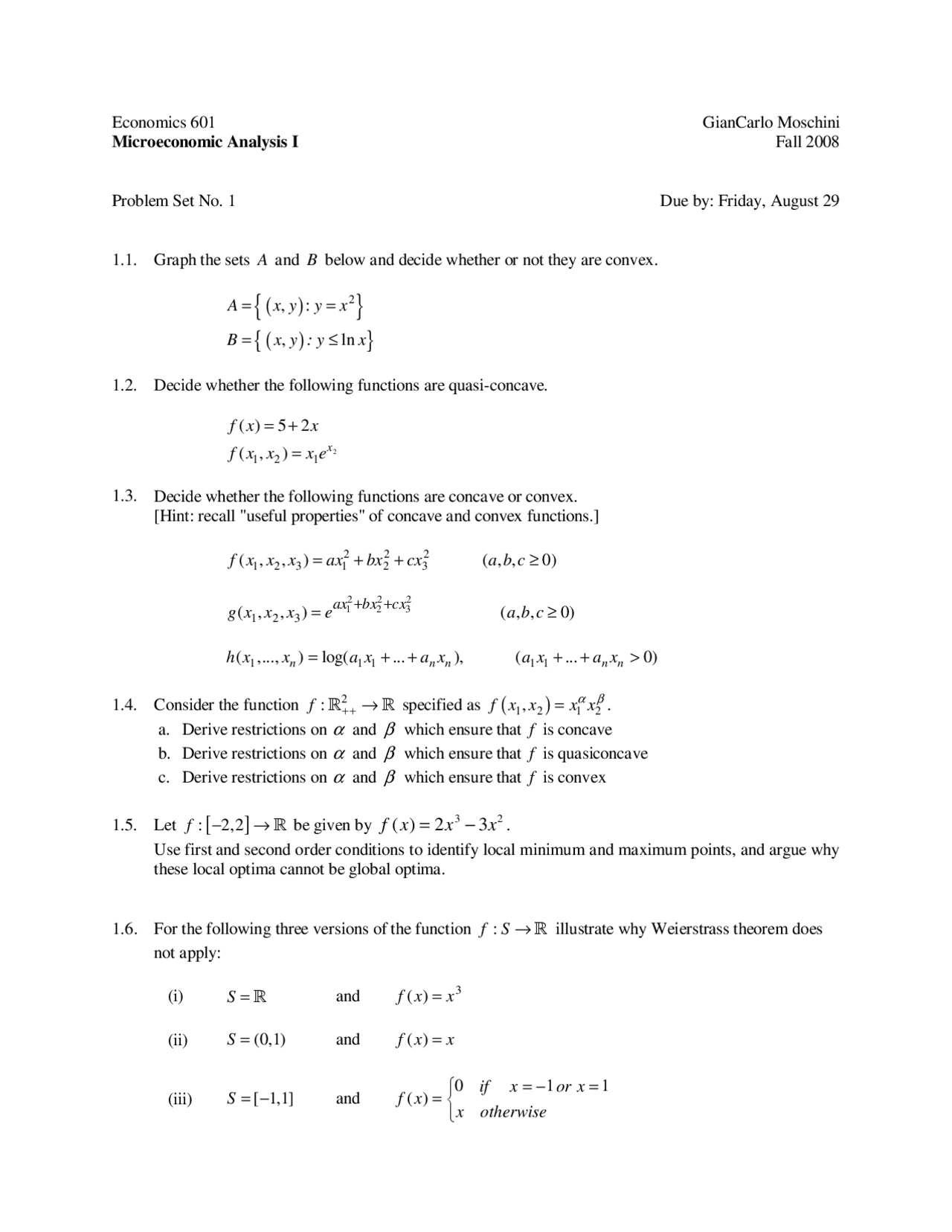 Problem Set 1 For Microeconomics Analysis I Econ 601 Docsity