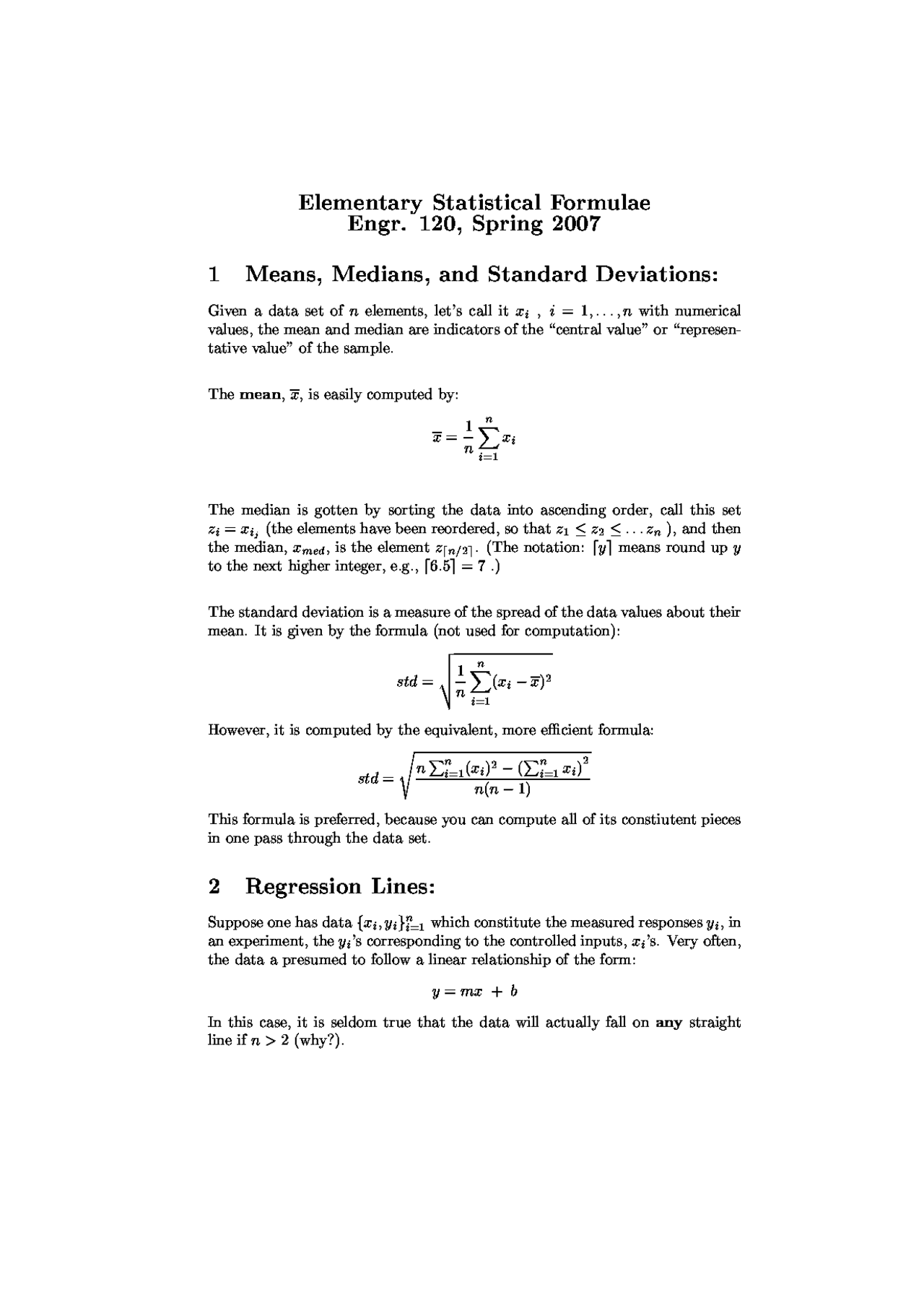 Elementary Statistical Formulae in Introduction to Engineering | ENGR 120 - Docsity