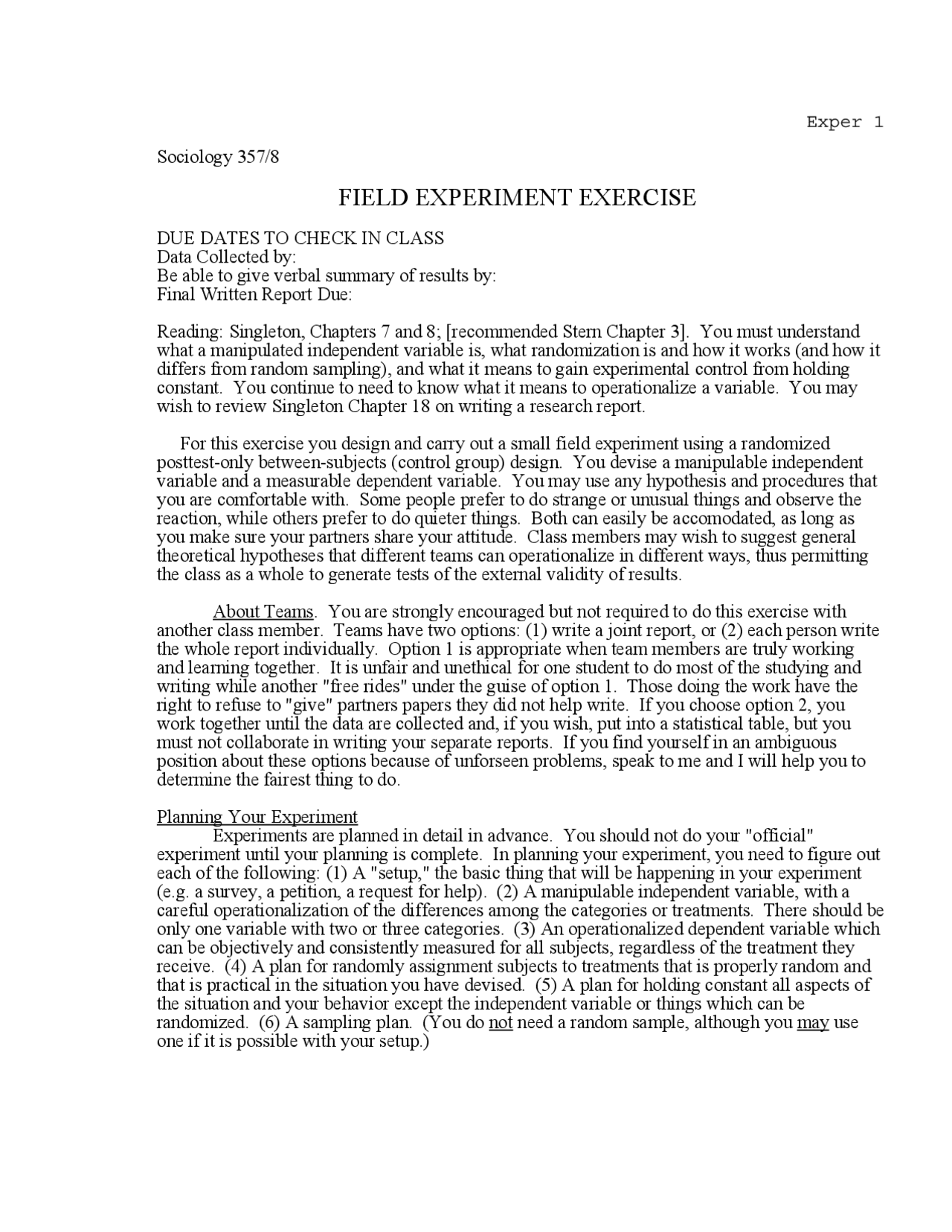 Field Experiment Exercise Methods Of Sociological Inquiry Soc 357