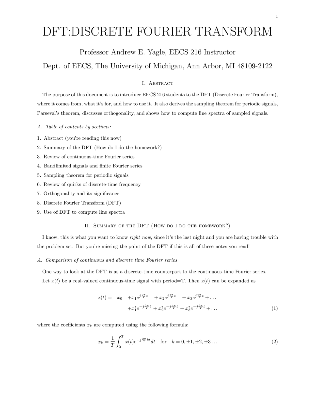 Discrete Fourier Transform Summary Of Dft Eecs 216 Docsity