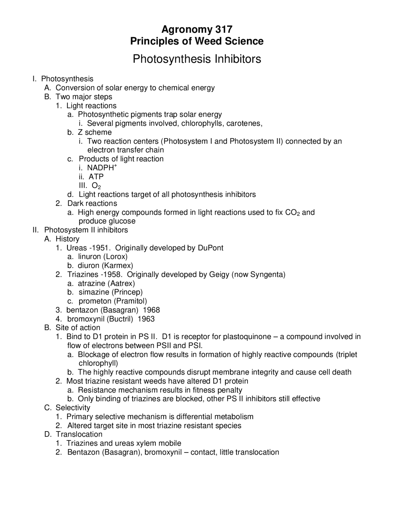 Photosynthesis Inhibitors Lecture Notes Agron 317 Docsity