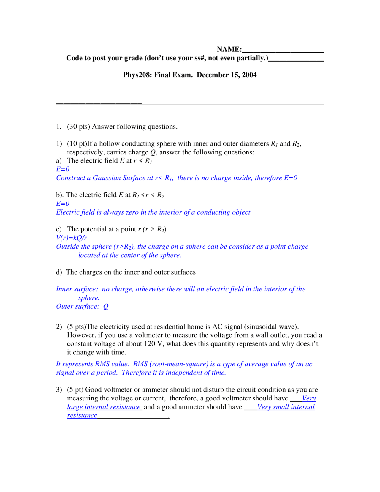 Solved Final Exam For Fundamentals Of Physics Ii Phys 208 Docsity