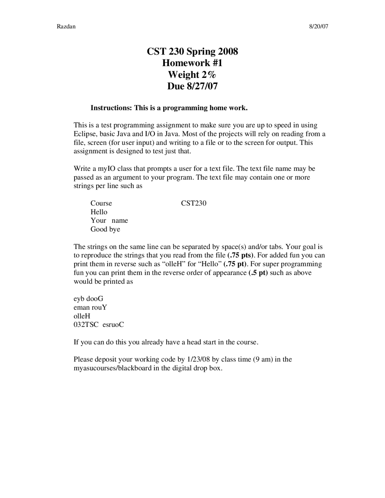 Homework 1 Applied Data Structures Spring 2008 Cst 230 Docsity