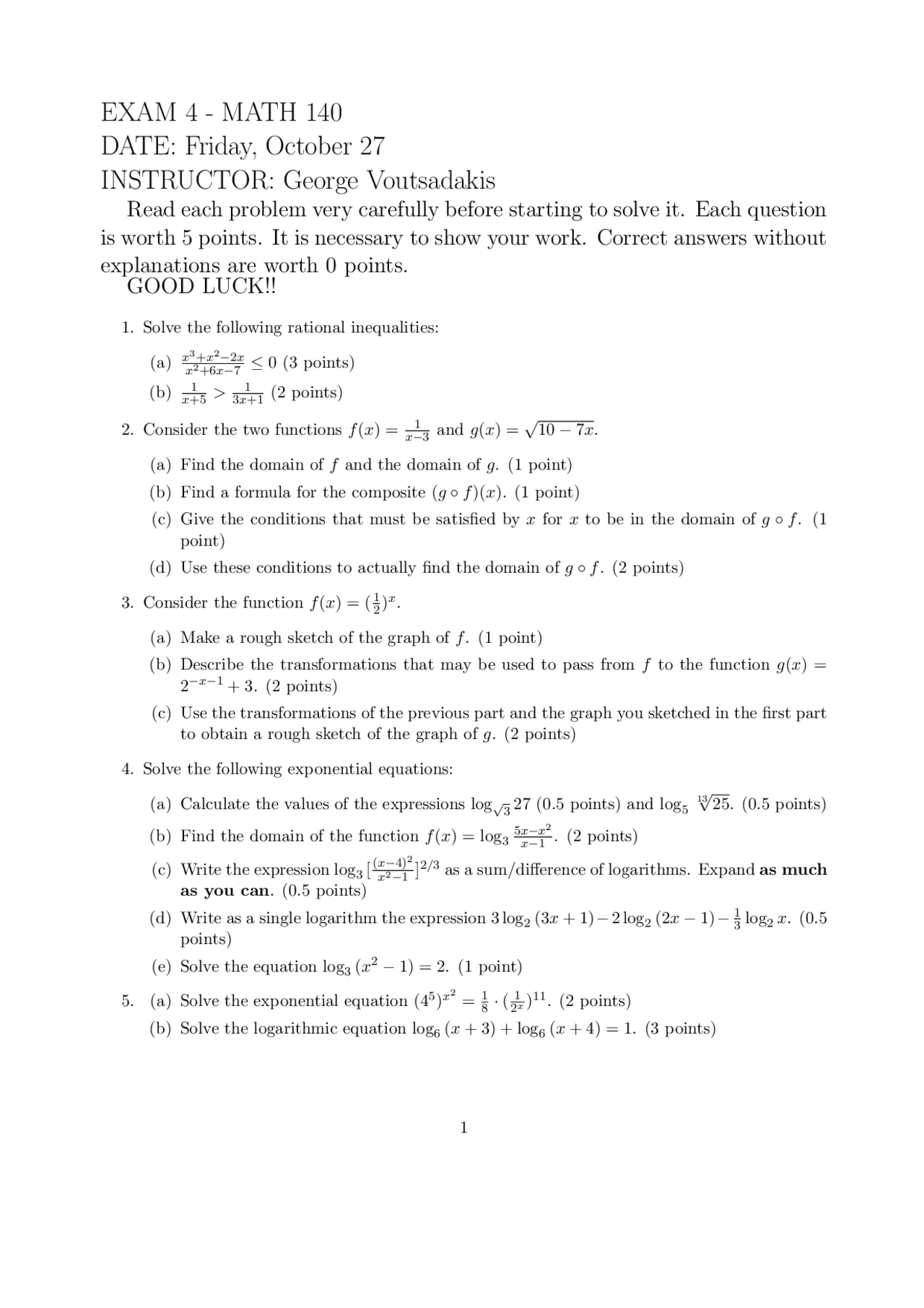 Exam 4 Practice Problems on College Algebra | MATH 140 - Docsity