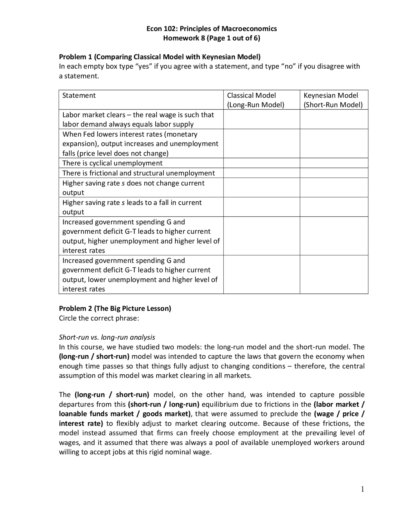 Problem Set 8 Principles Of Macroeconomics Econ 102 Docsity