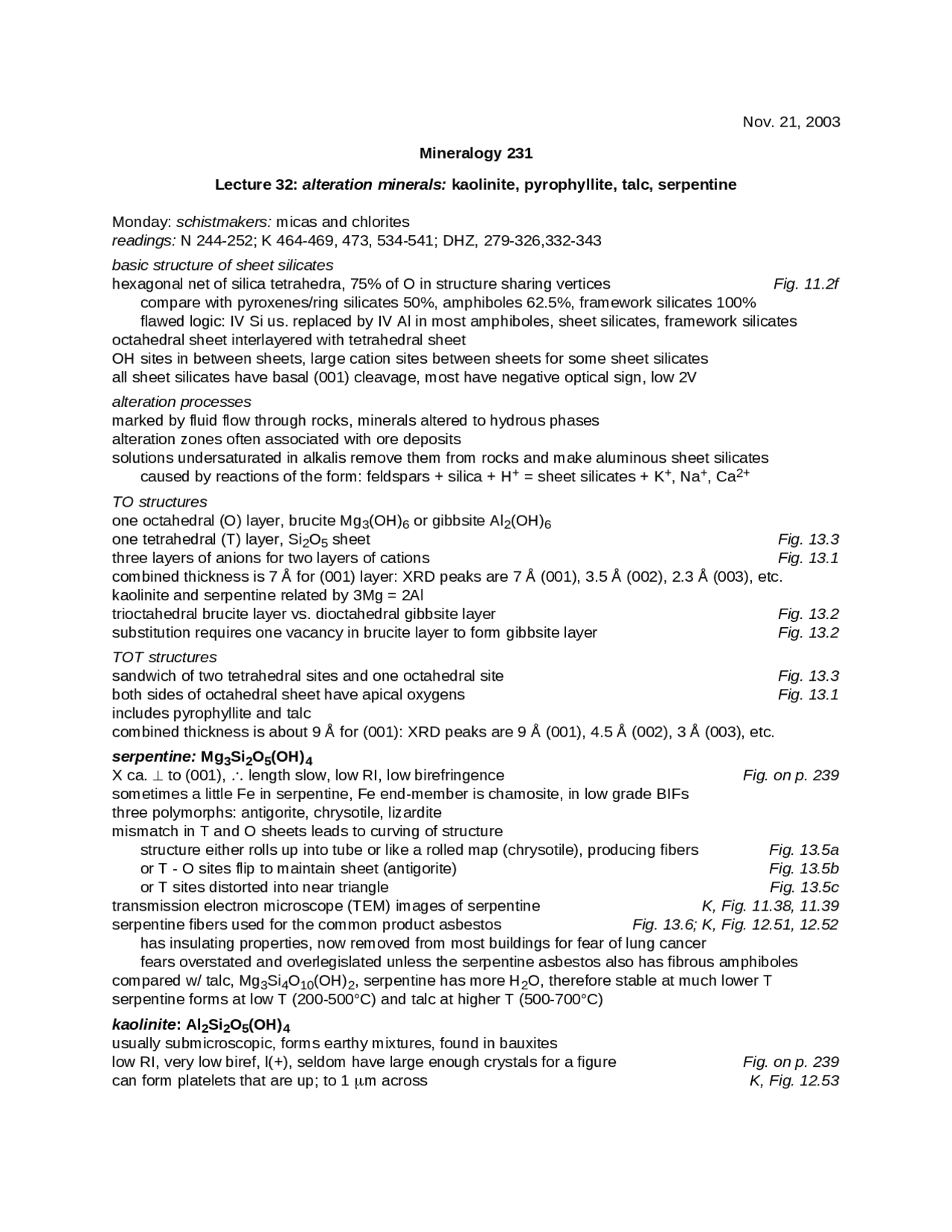 Alteration Minerals: Kaolinite, Pyrophyllite, Talc and Serpentine | AT ...