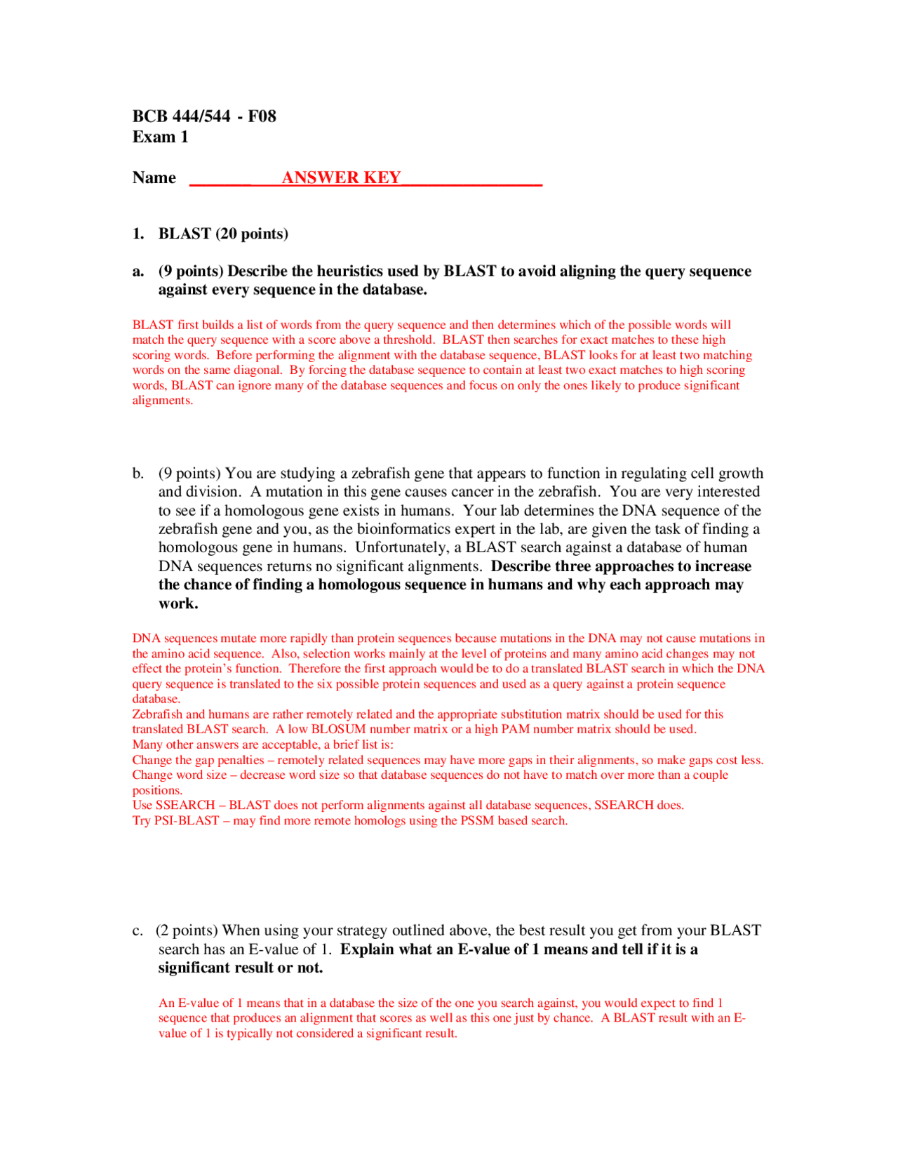 Exam 1 With Answer Key Introduction To Bioinformatics Bcb 444 Docsity