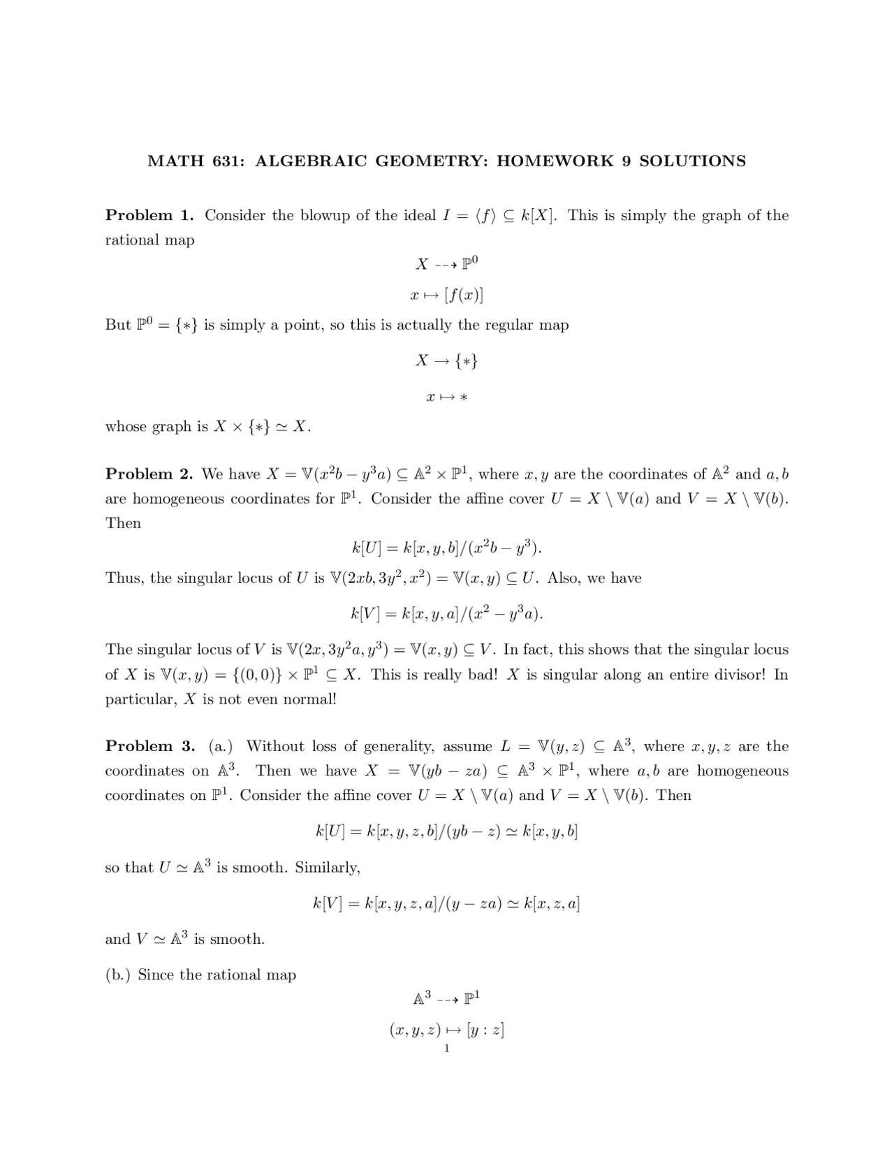 Solutions For Assignment 9 Algebraic Geometry I Math 631 Docsity