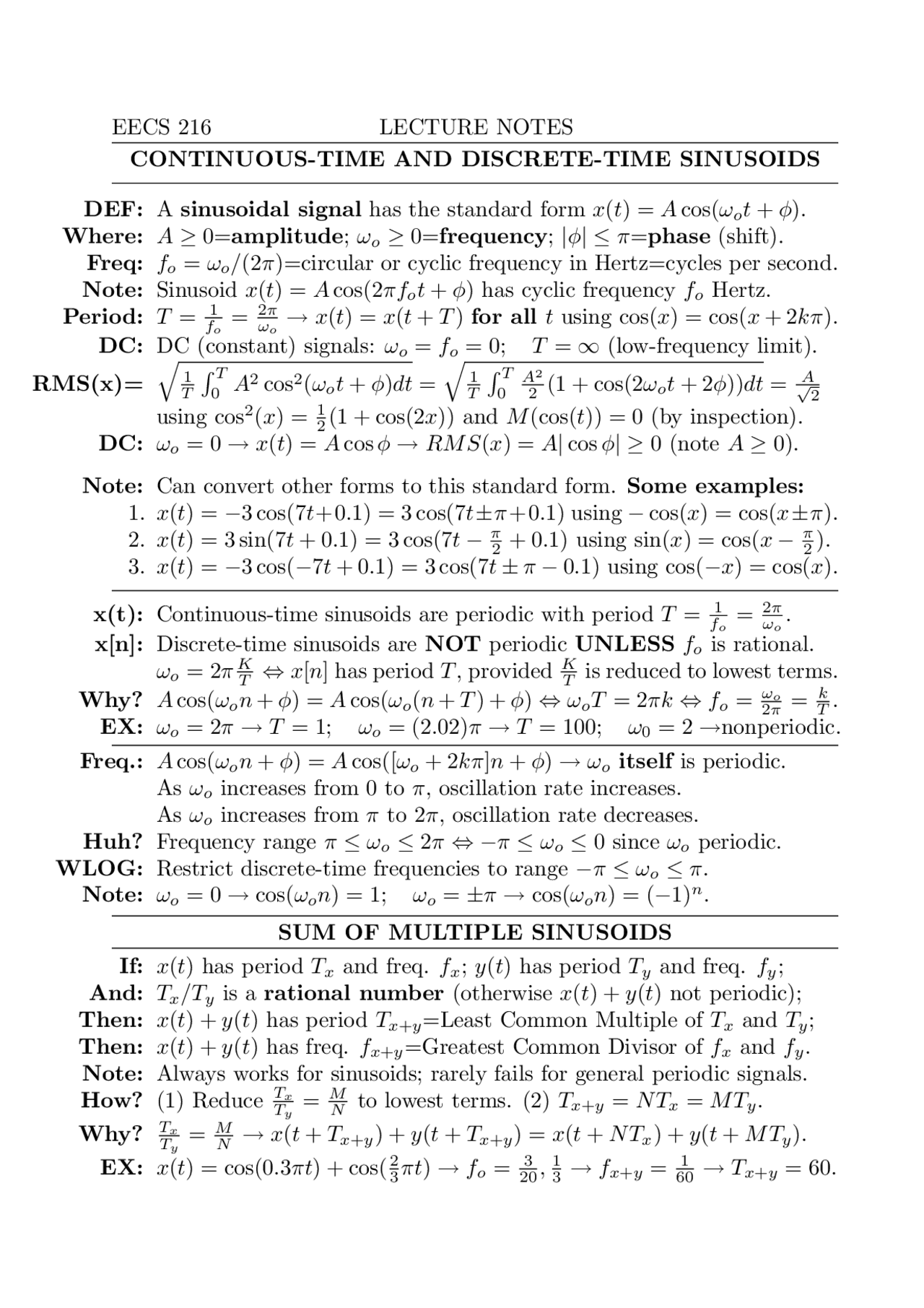 Continuous Time And Discrete Time Sinusoids Lecture Notes Eecs 216