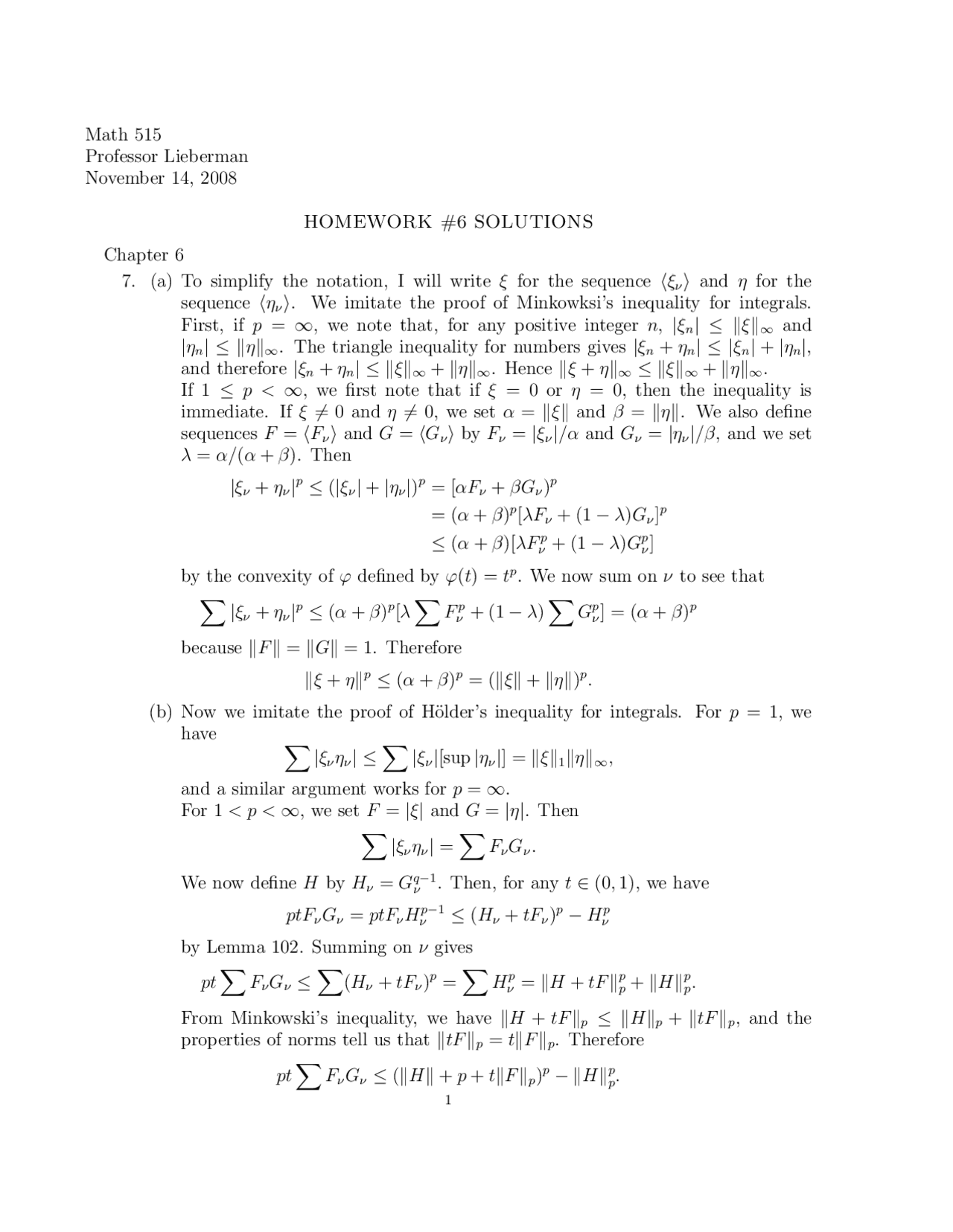Real Analysis I - Homework 6 Solutions | MATH 515 - Docsity