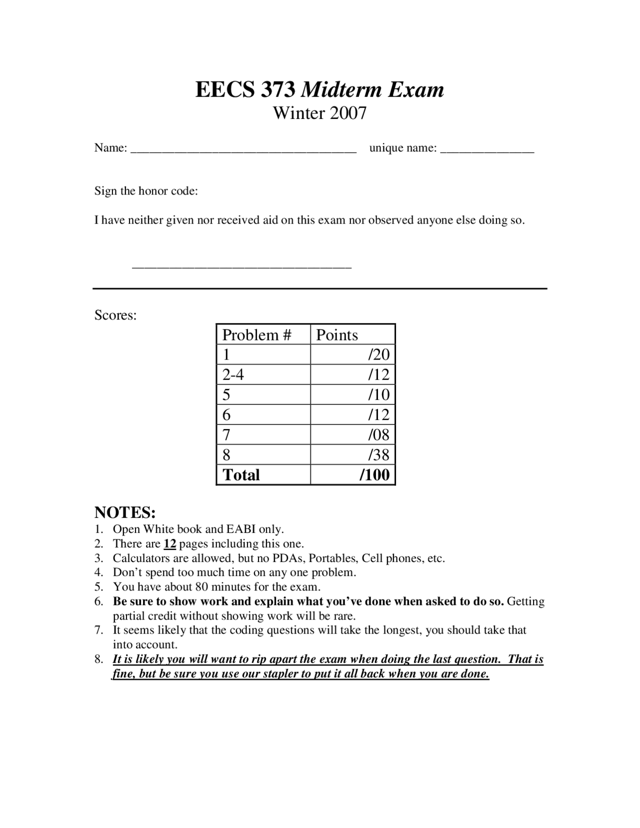Midterm Exam On Descriptive Microprocessor System Fall 2007 Eecs