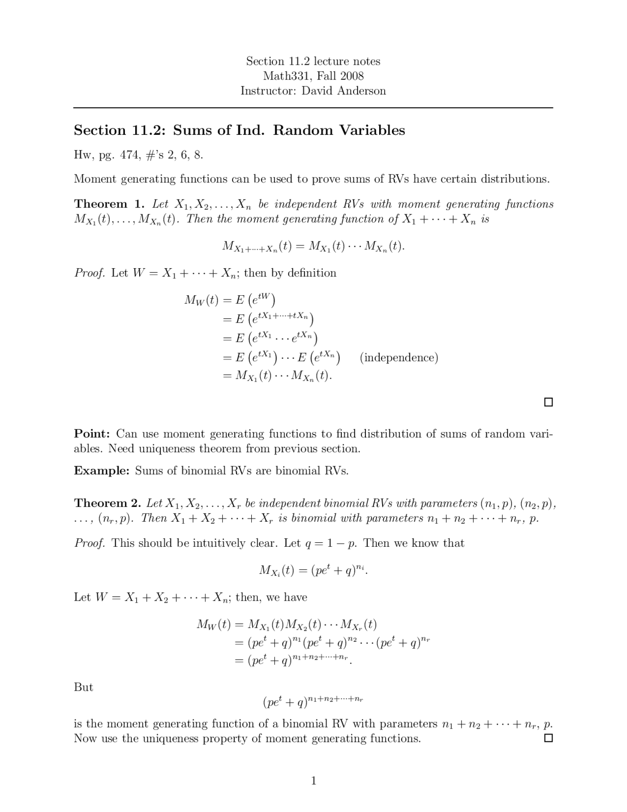 Notes On Sums Of Introduction To Random Variables Math 331 Docsity