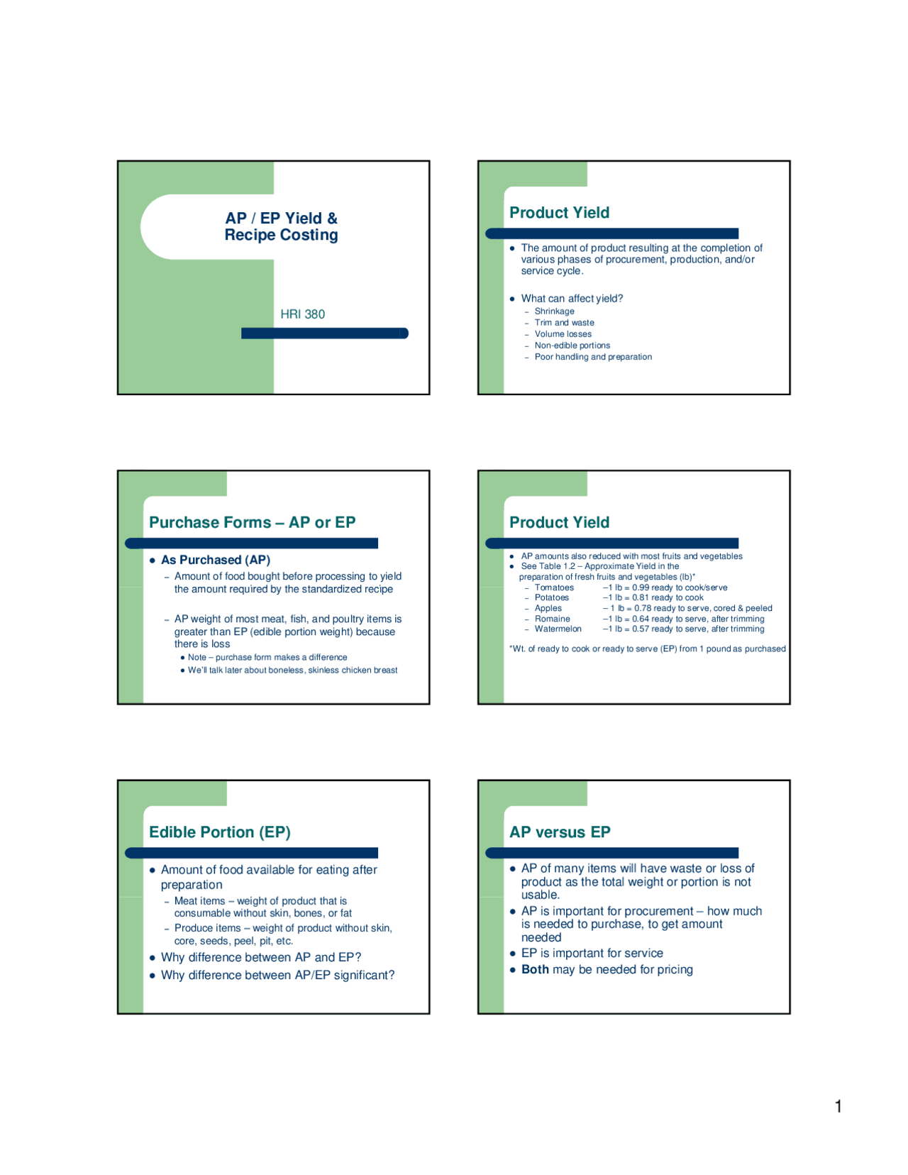 As Purchase Edible Portion And Recipe Costing Lecture Slides Hri