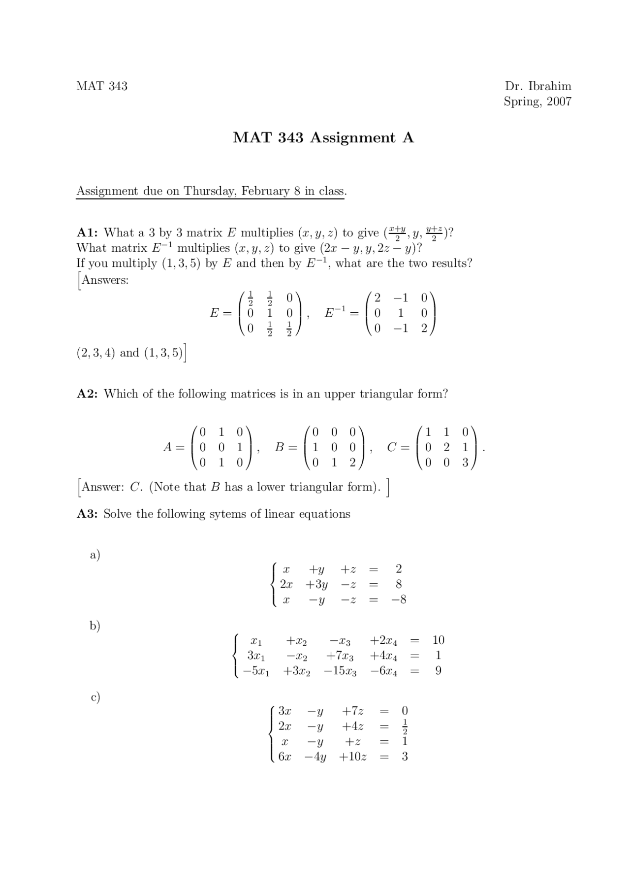 Solutions For Assignment A Applied Linear Algebra Mat 343 Docsity