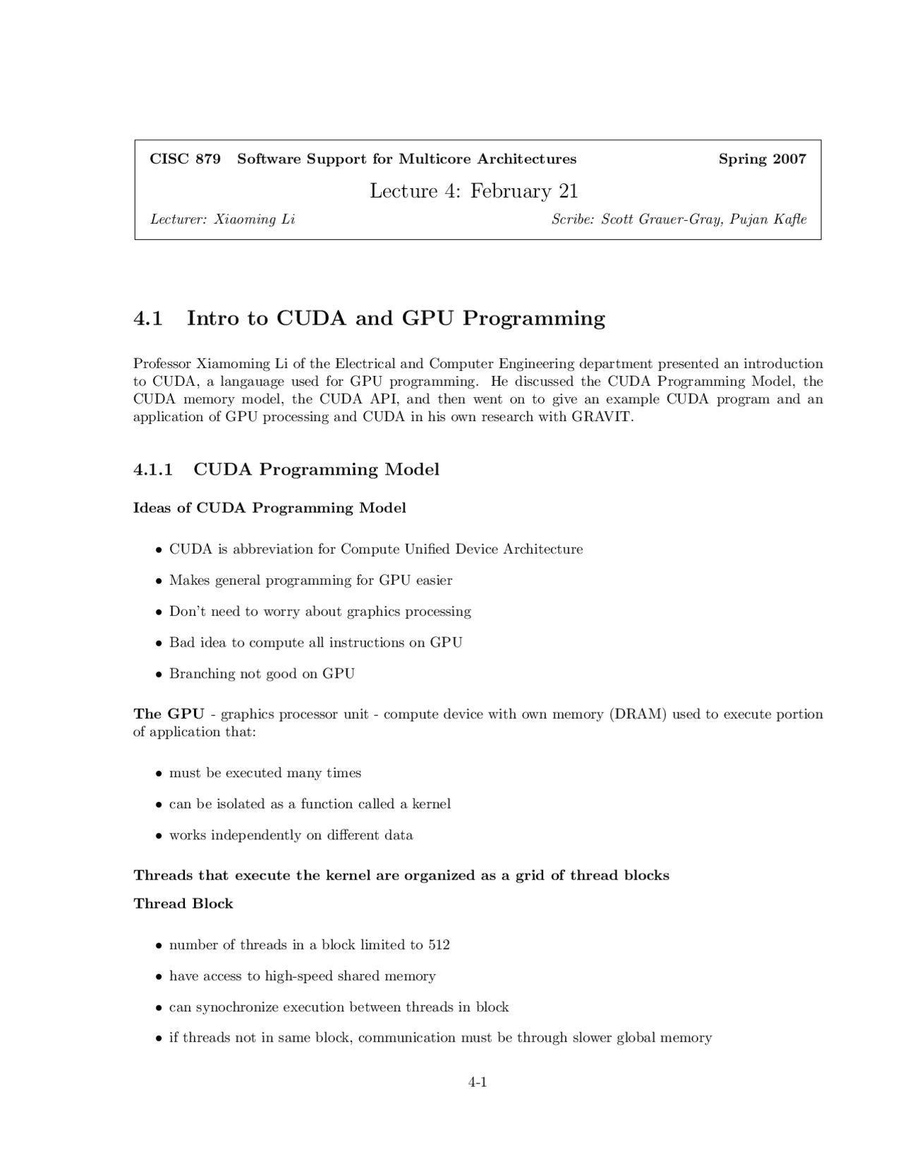 Introduction To Cuda And Gpu Programming Lecture Notes Cisc 879 3689