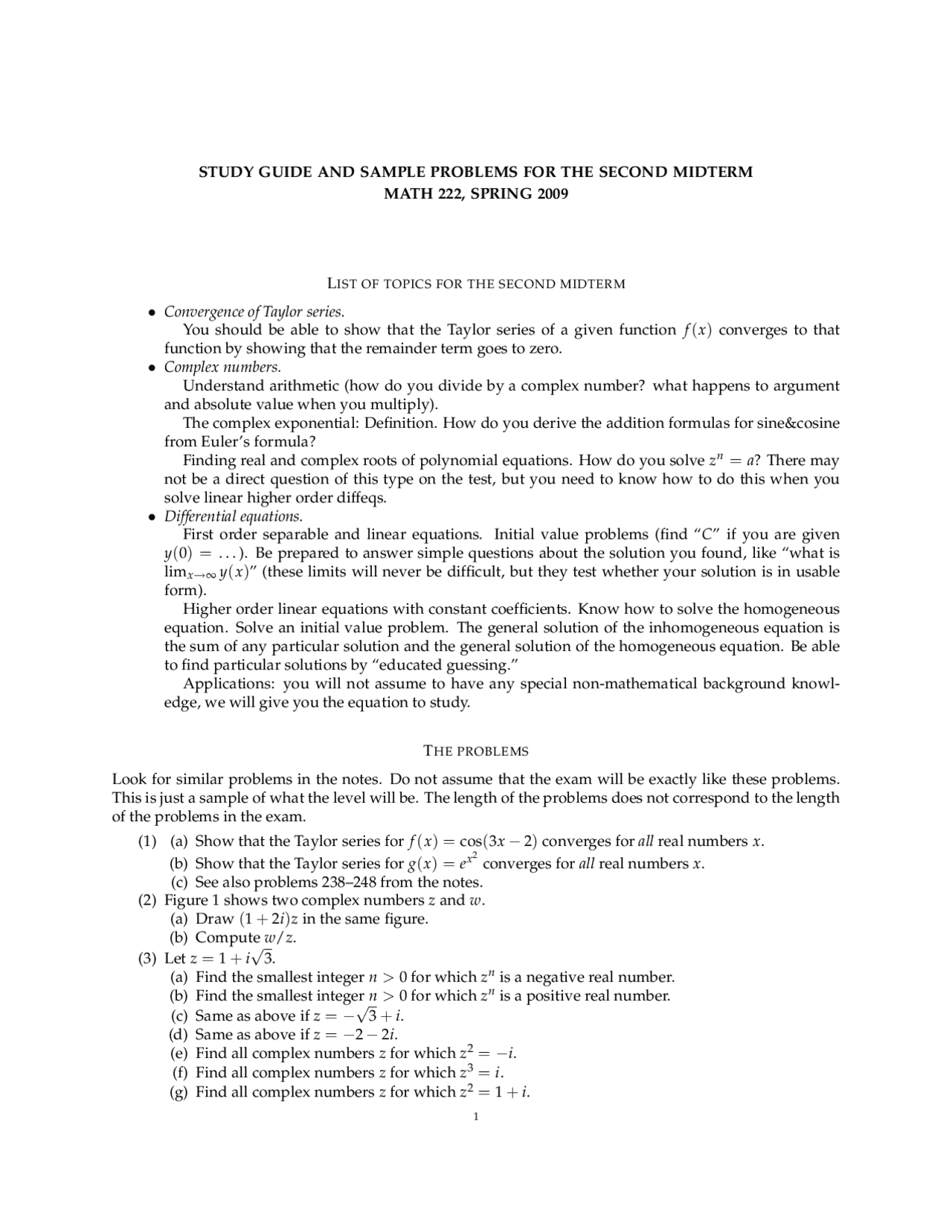 Study Guide and Sample Problems for the Second Midterm - Math 222, Spring 2009 - Prof. Qia ...