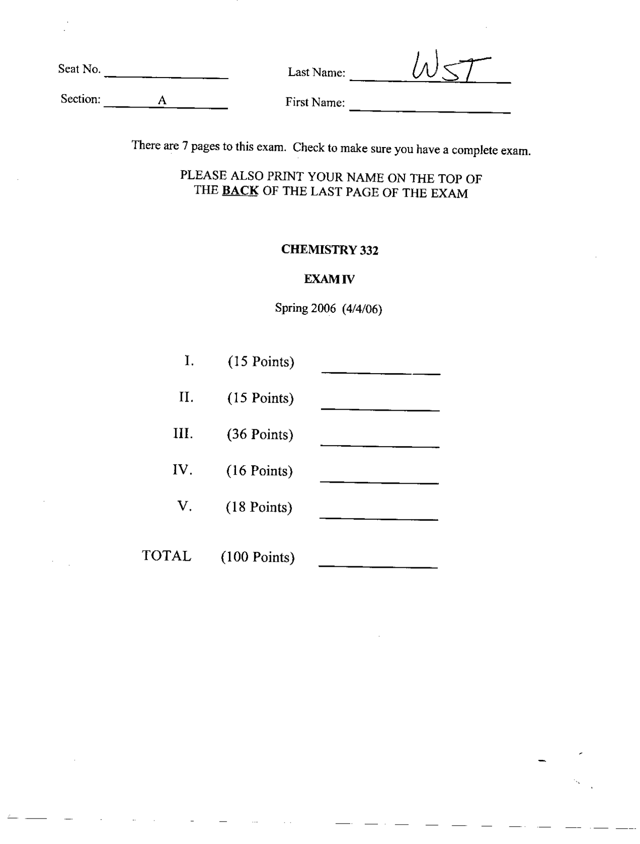 Exam 4 Form A Solutions Organic Chemistry Ii Chem 332 Docsity