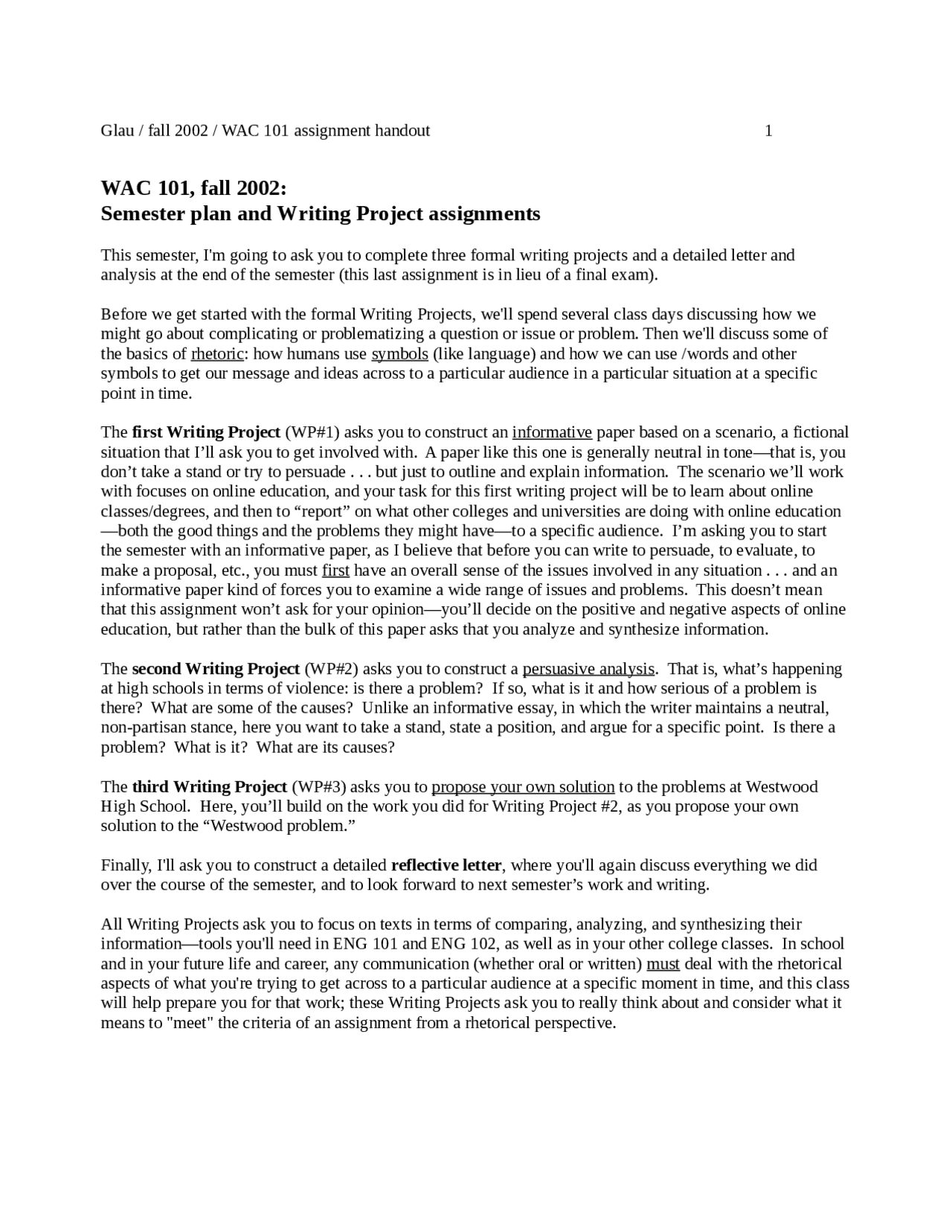 WAC 101 Fall 2002 Assignment Handout: Writing Projects in College ...