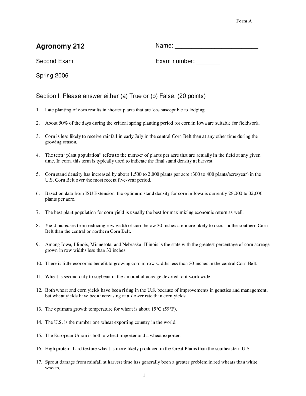 Exam 2 For Crop Growth Production And Management Agron 212 Docsity