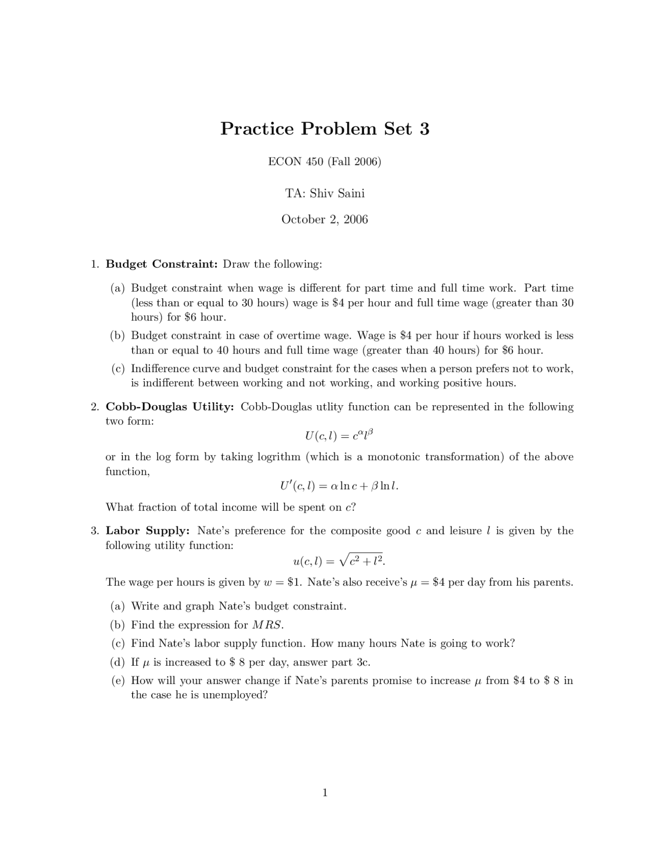Practice Problem Set 3 Wages And The Labor Market Econ 450 Docsity