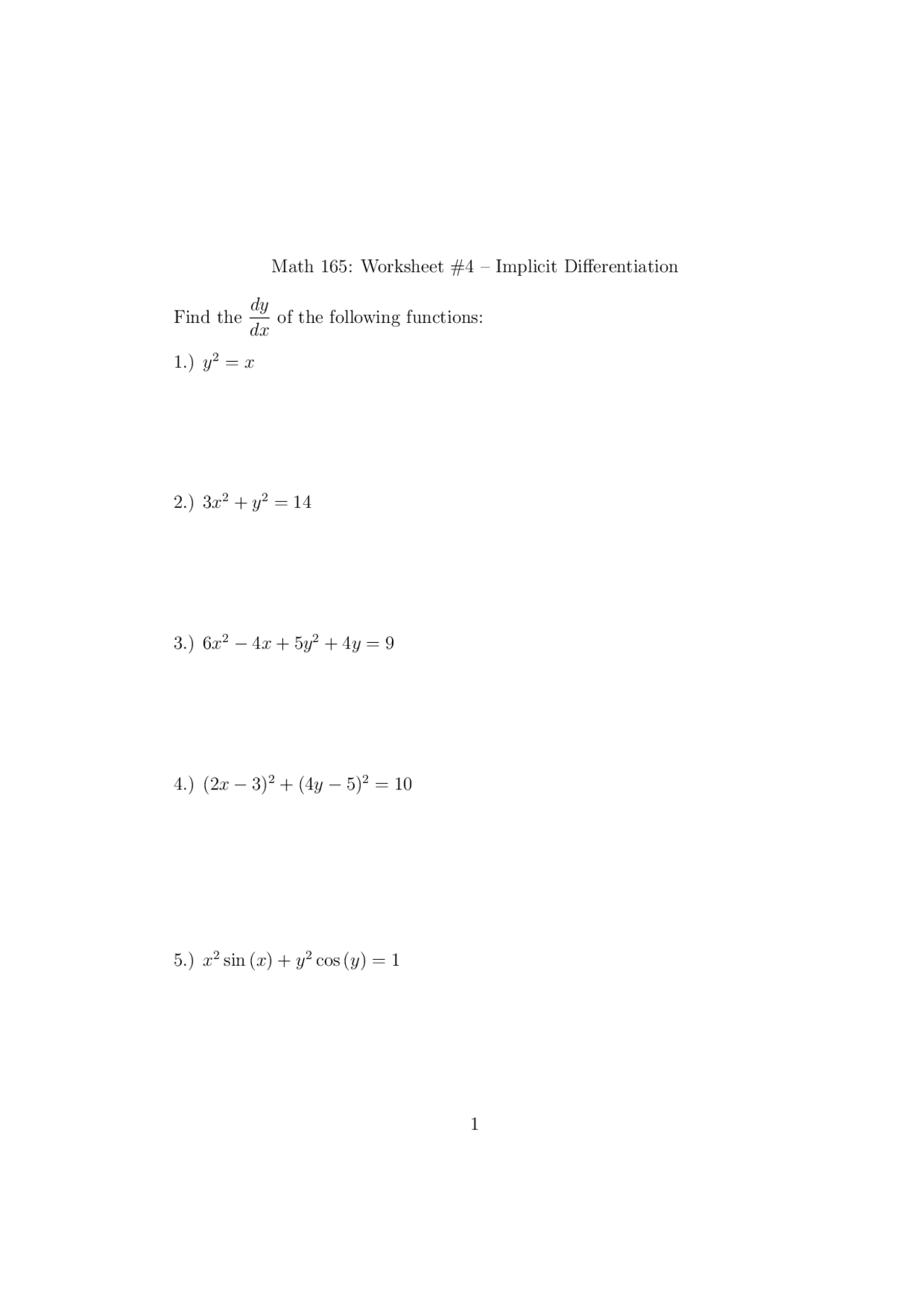 Implicit Differentiation - Worksheet 4 | MATH 165 - Docsity