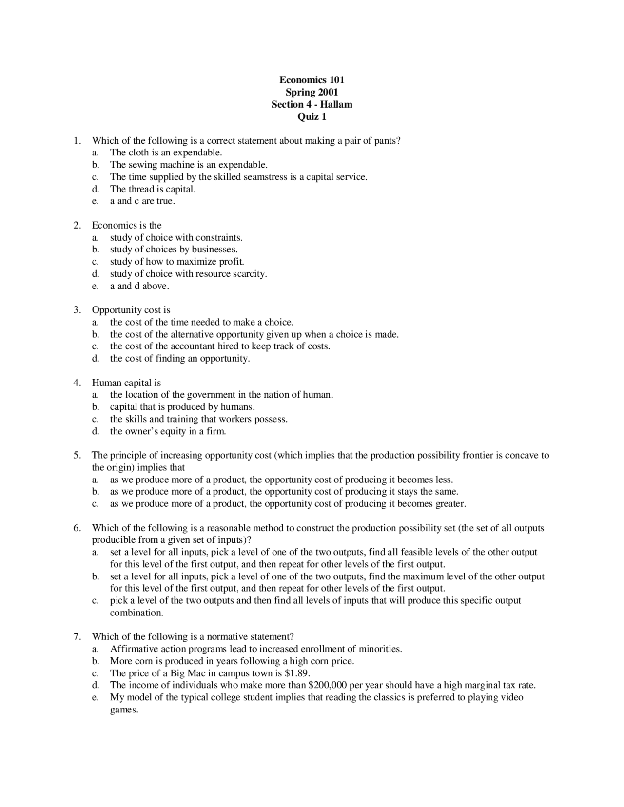 10 Mcqs With Answer For Quiz 1 Principle Microeconomics Econ 101