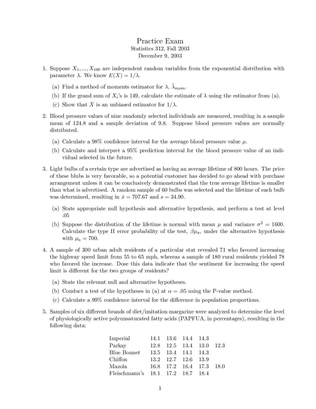 Practice Exam - Introduction to Mathematical Statistics | STAT 312 | Exams Mathematical ...