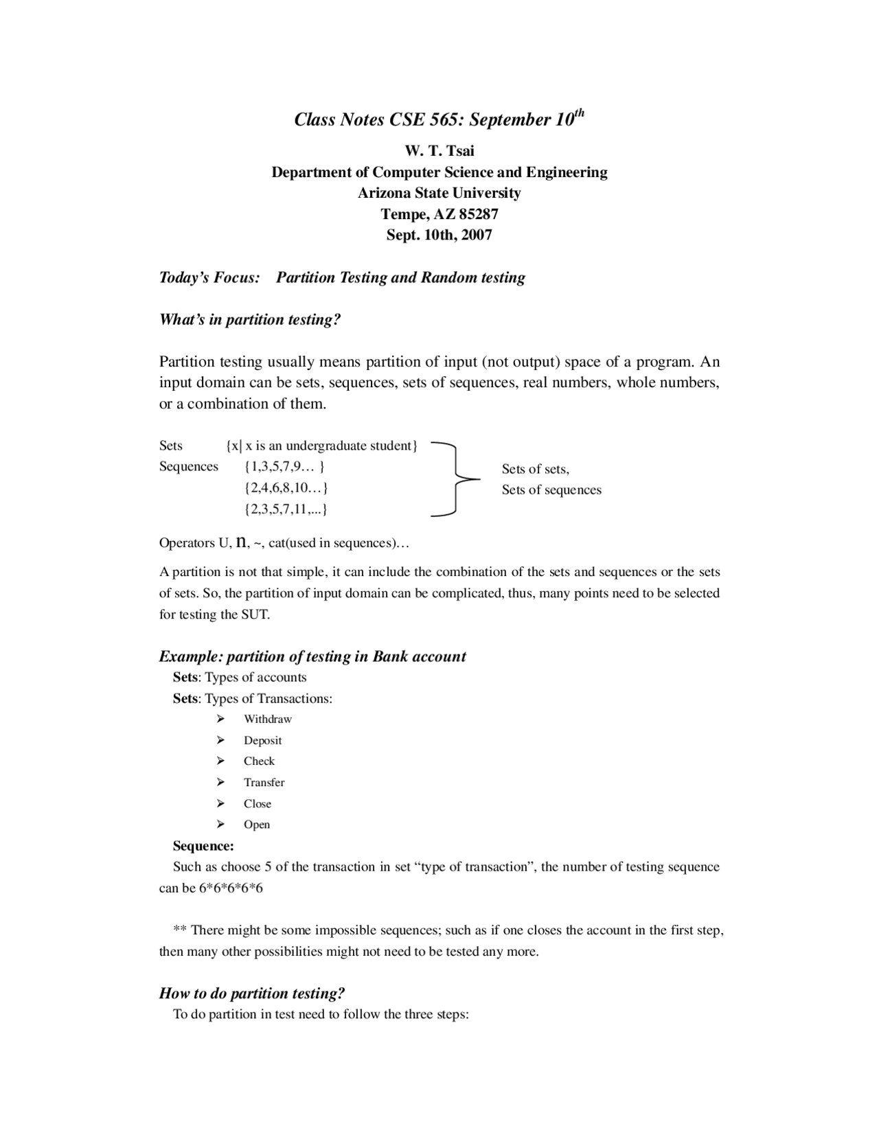 Partition Testing and Random Testing - Lecture Notes | CSE 565 - Docsity