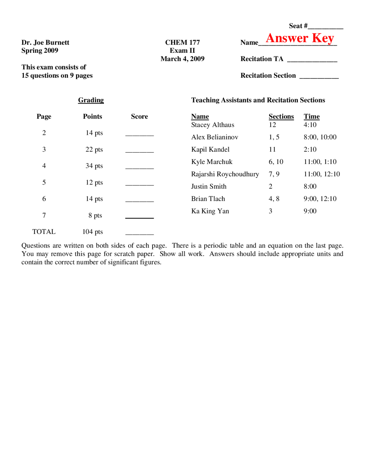 Exam II - 15 Questions on General Chemistry I with Answer key | CHEM ...