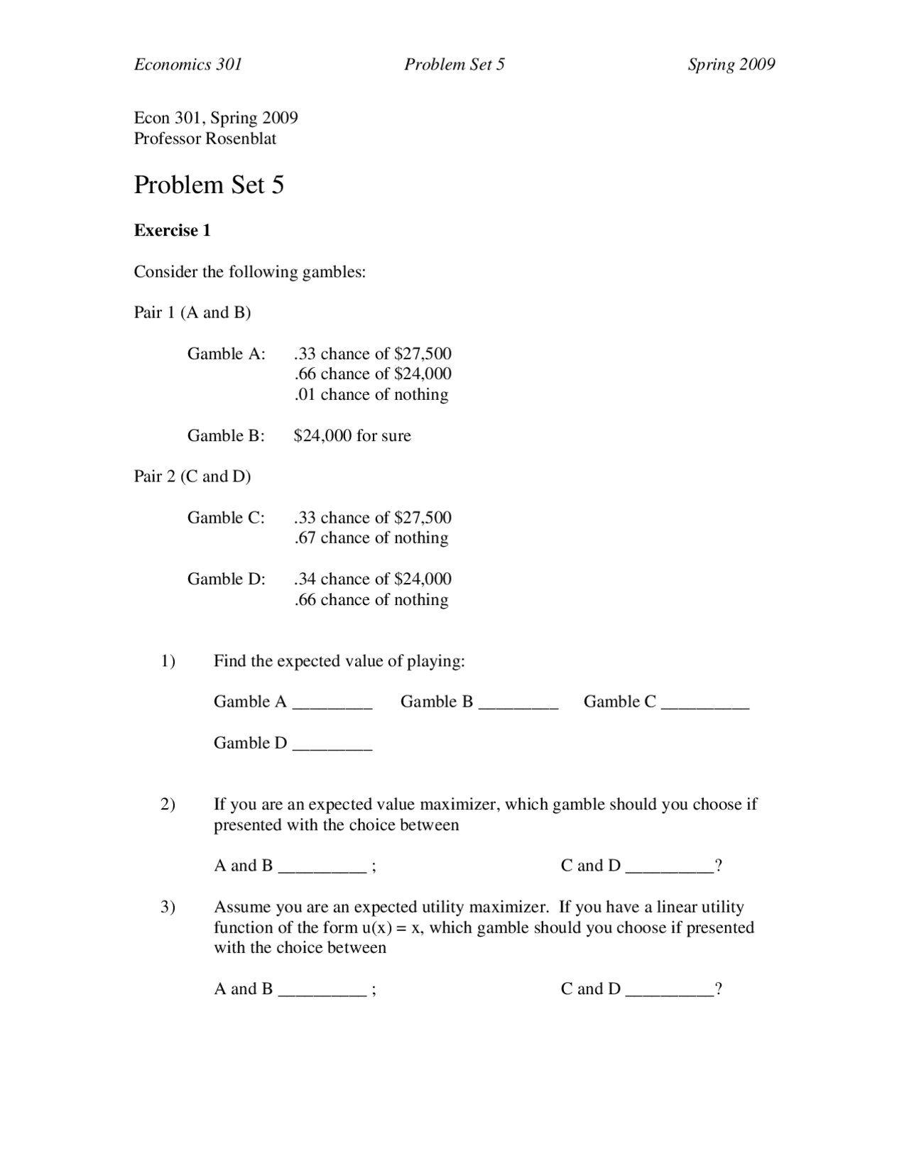 Problem Set V Intermediate Microeconomics Econ 301 Docsity