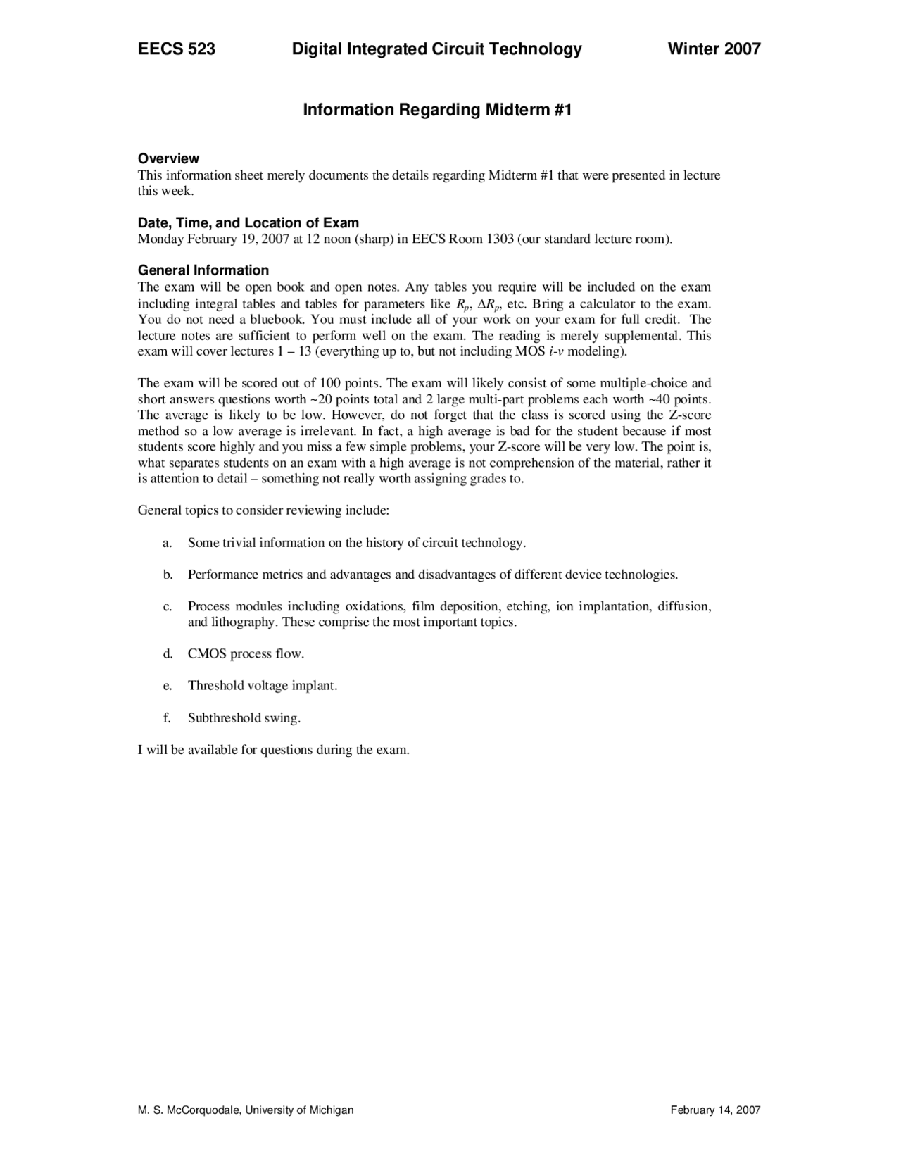 Information On Midterm 1 Digital Integration Technology Eecs 523 Docsity