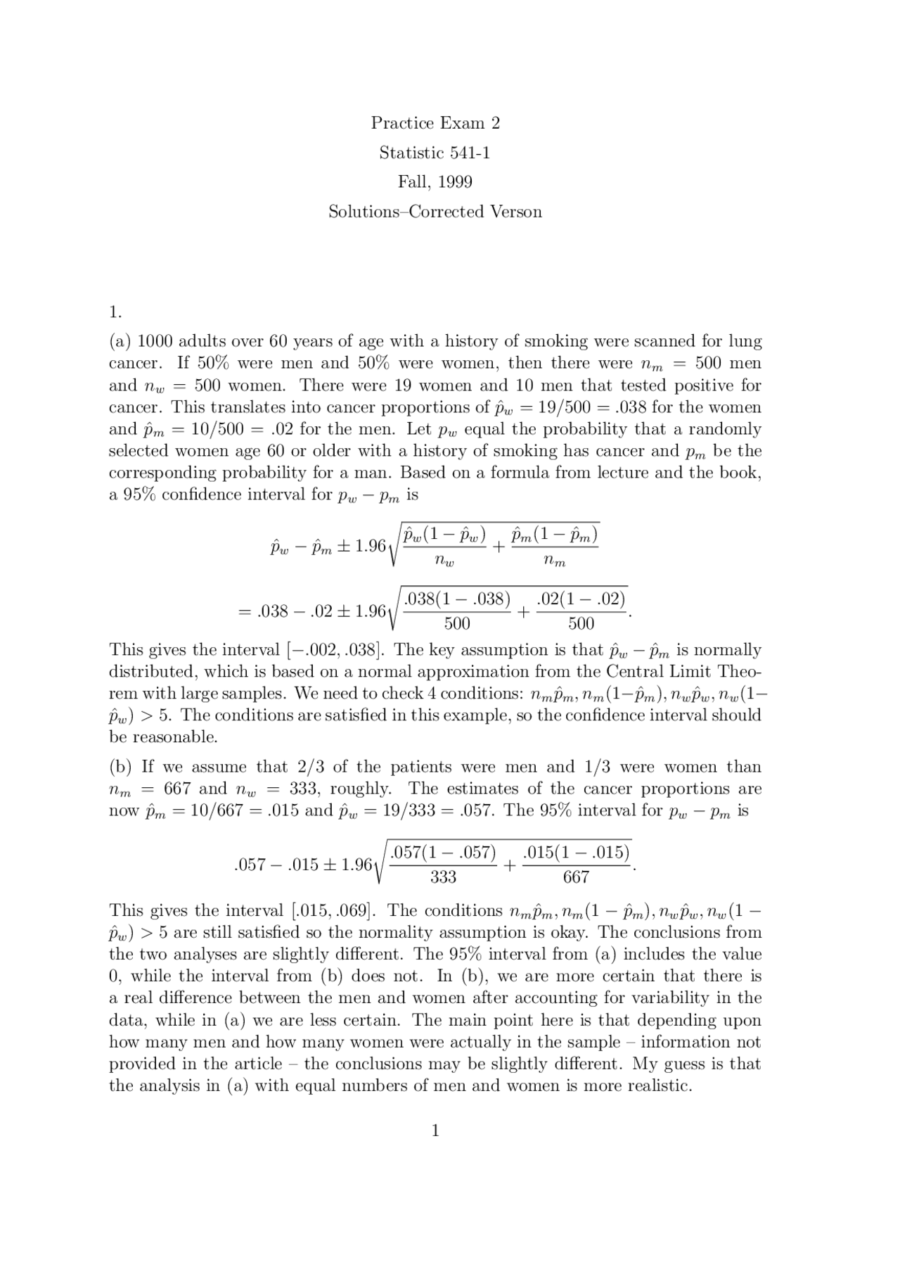 Solutions For Practice Exam 2 Introduction To Biostatistics Stat