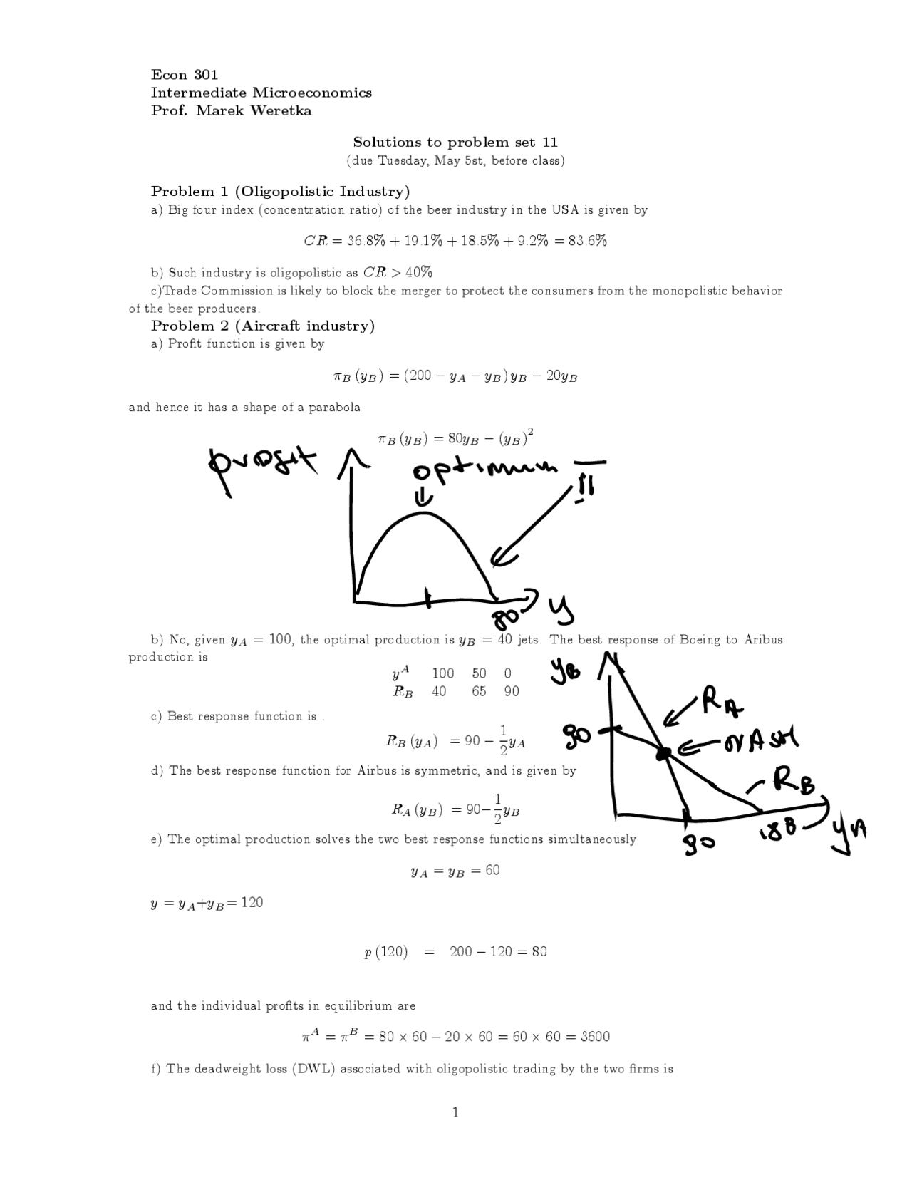 Solution To Problem Set 11 Intermediate Microeconomic Theory Econ 301 Docsity