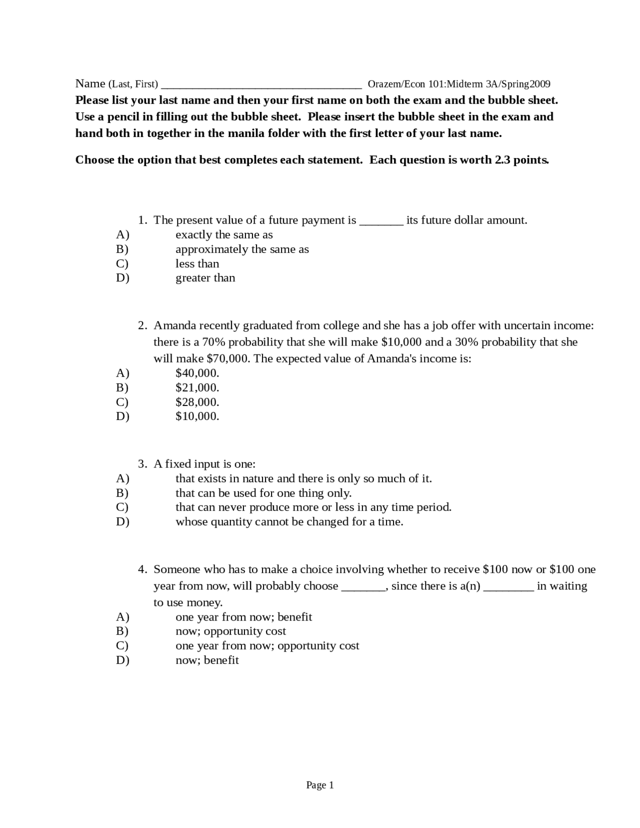 Midterm Exam 3a Solutions Principles Of Microeconomics Econ 101