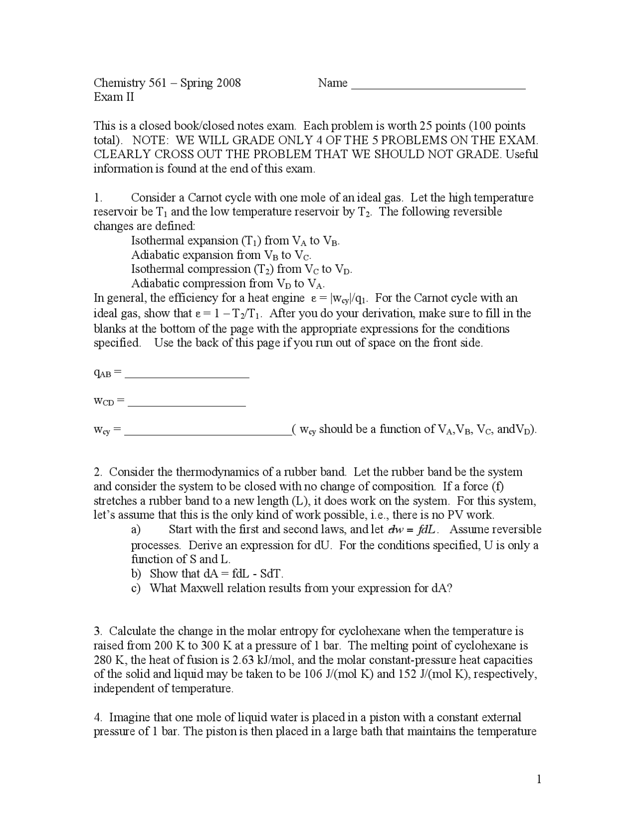 5 Questions On Physical Chemistry Exam Ii Chem 561 Docsity