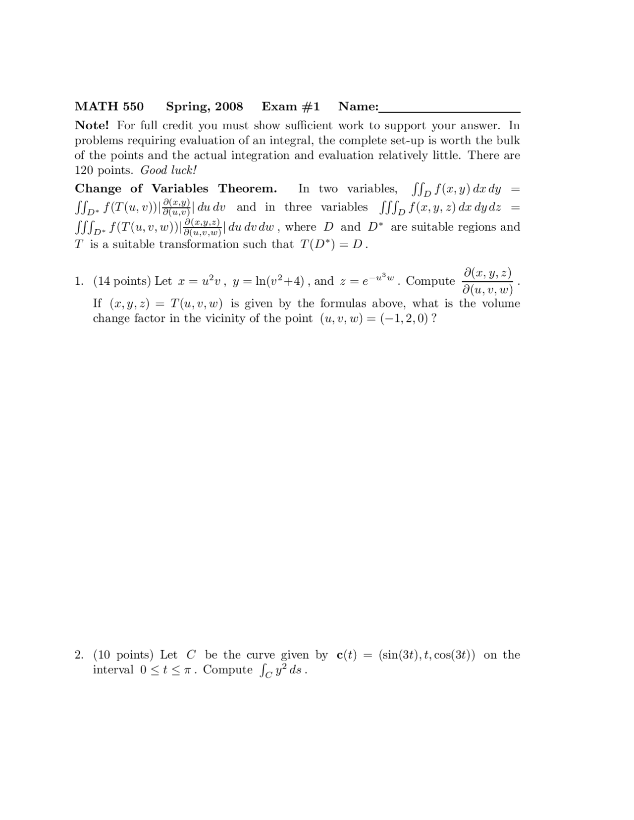 Exam 1 With 8 Questions Vector Analysis Math 550 Docsity