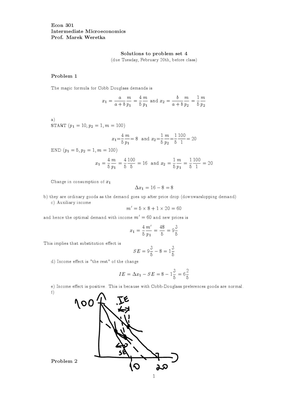 Solutions To Problems Set 4 Intermediate Microeconomic Theory Econ