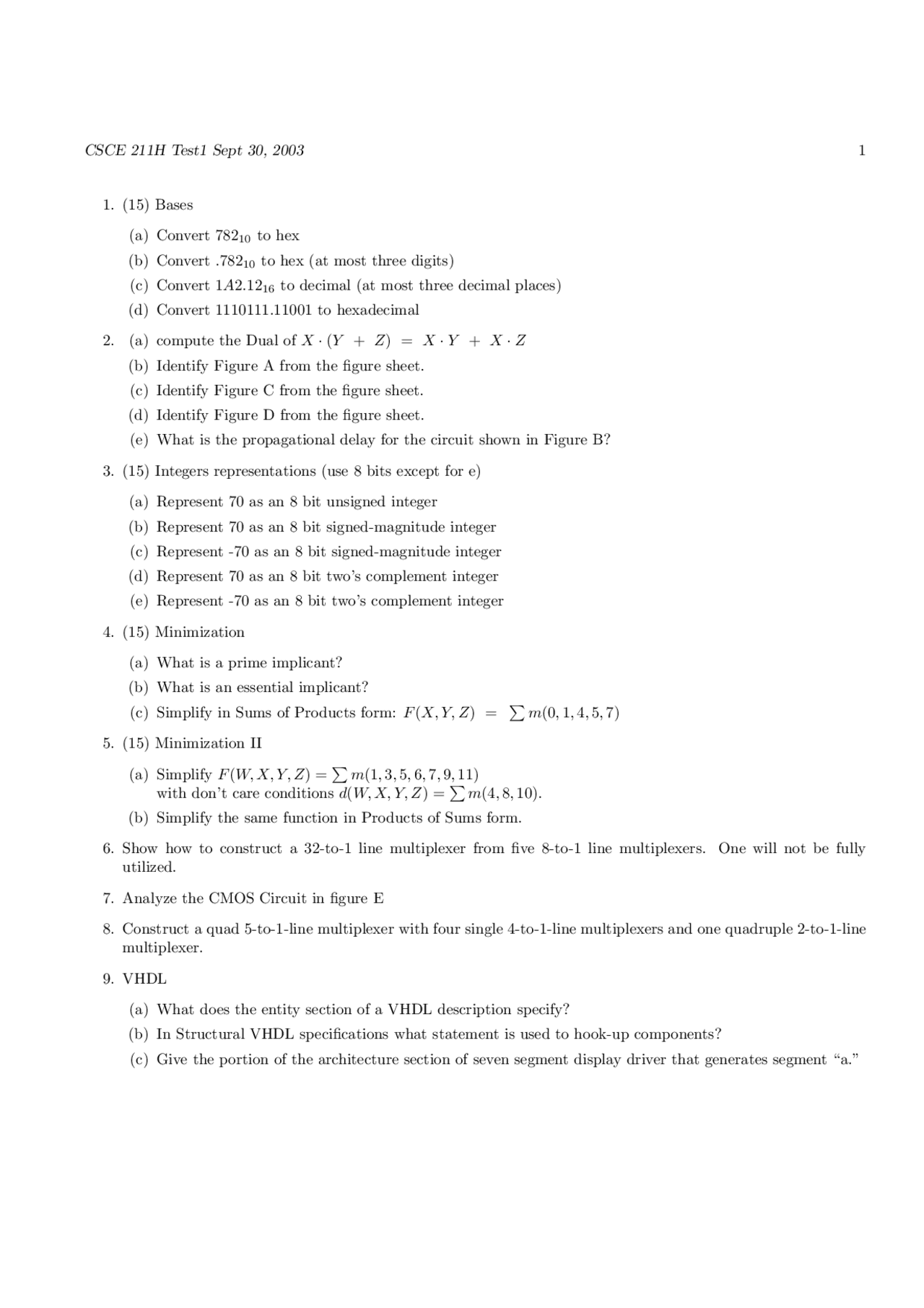 Test 1 Questions Digital Logic Design Csce 211 Docsity