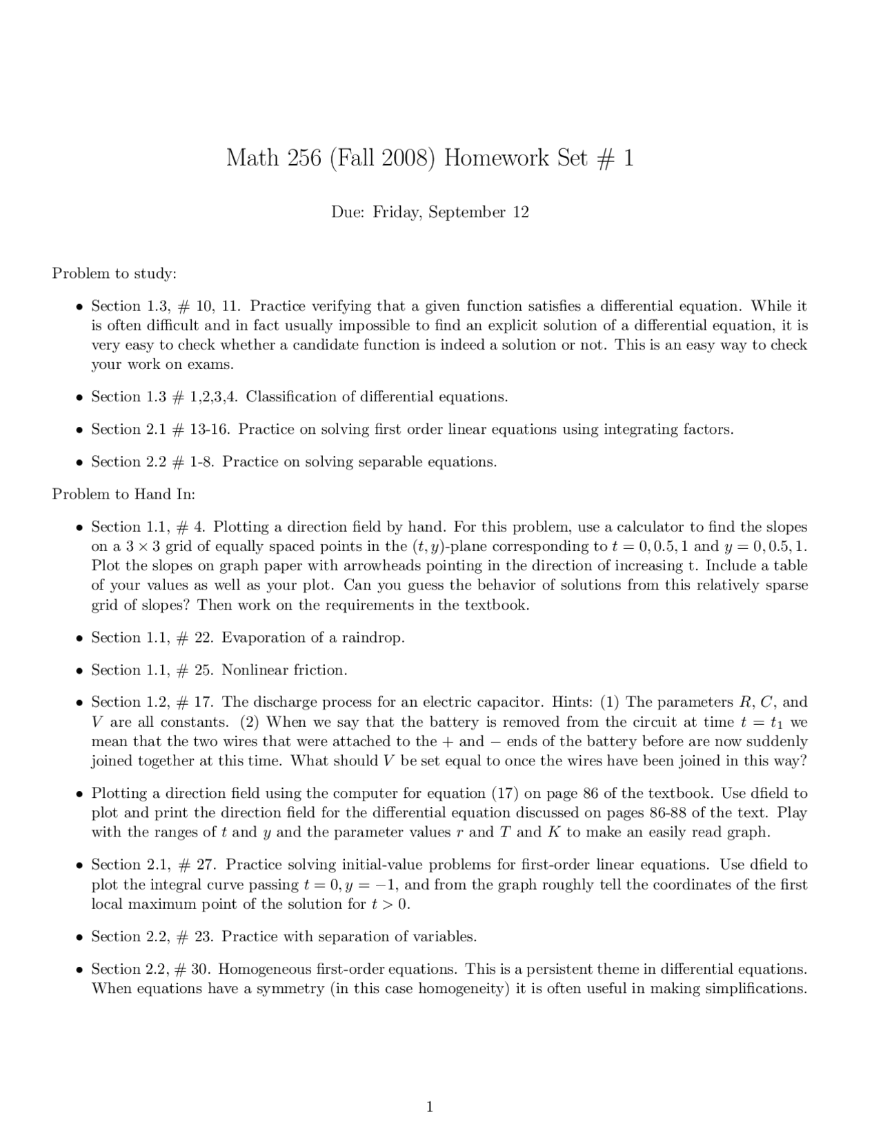 Homework Set 1 Applied Honors Calculus Iv Differential Equations