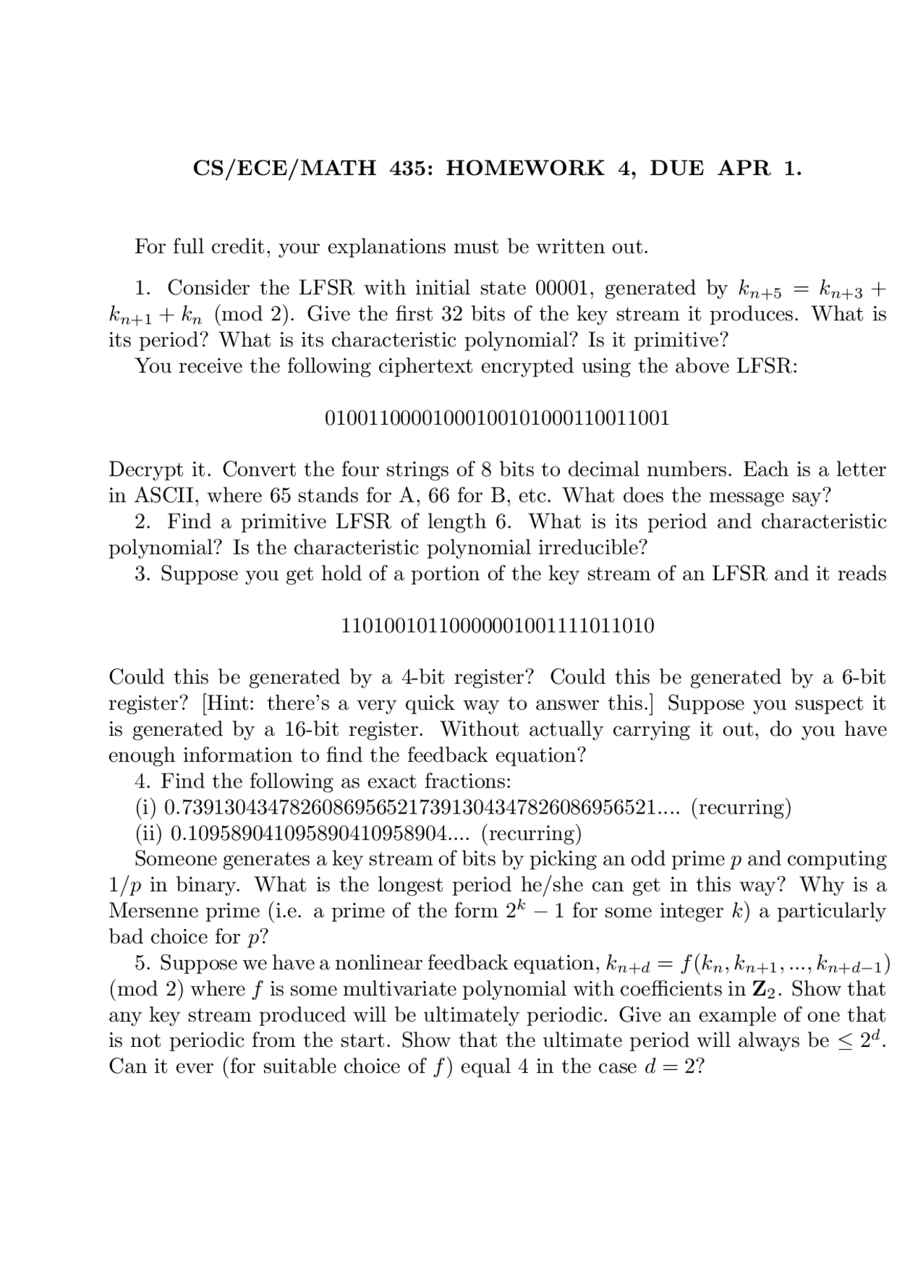 Homework 4 Practice Introduction To Cryptography Math 435 Assignments Cryptography And